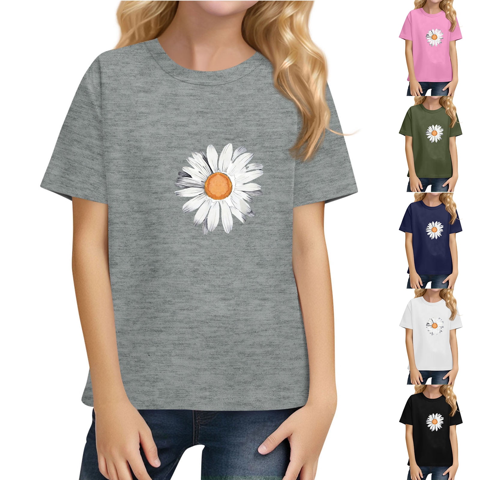 Kids Girls Breathable Crew Neck Short Sleeve Spring Sunflower Print ...
