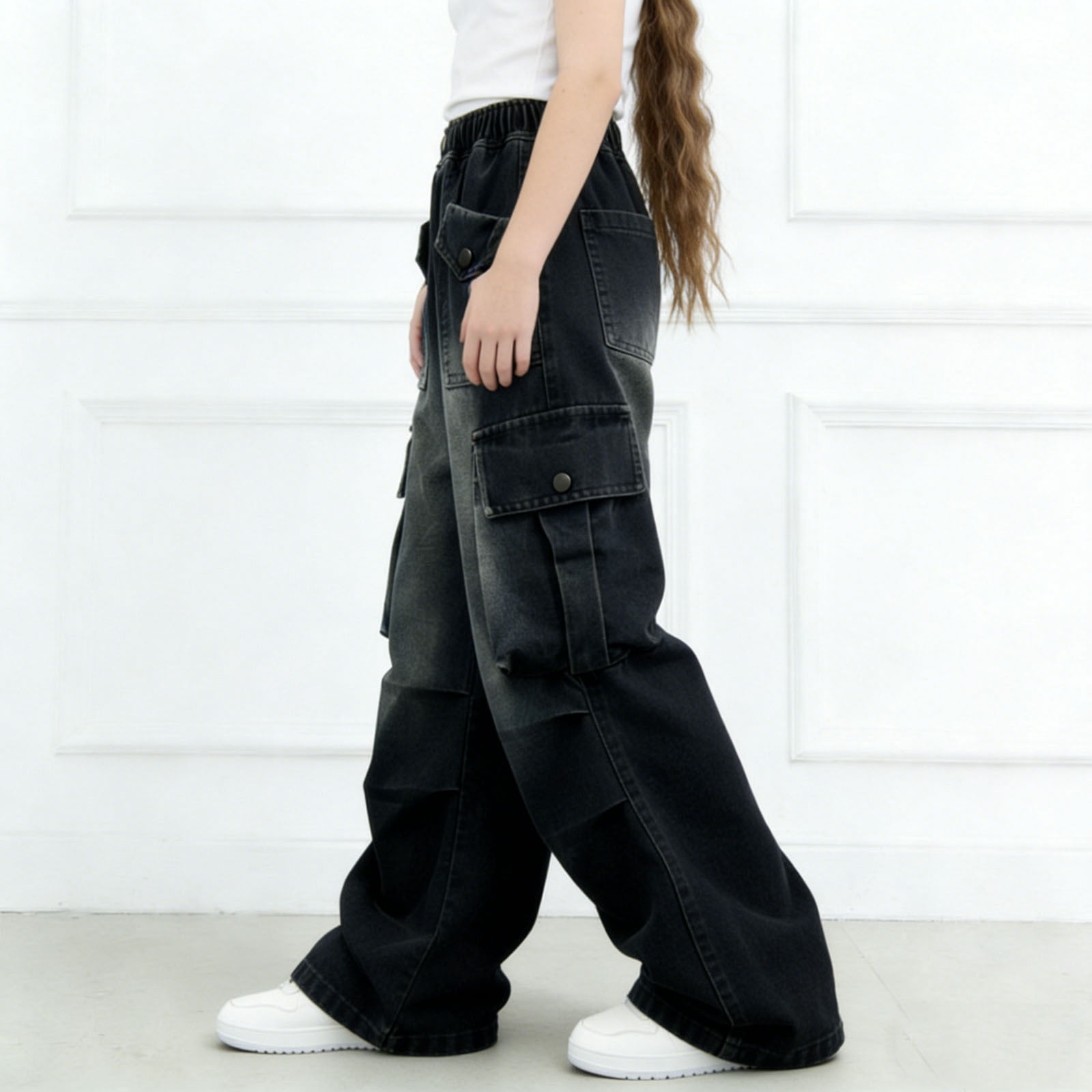 Kids Girls Cargo Jeans Denim Elastic Waist Baggy Multi-Pocket Trousers ...