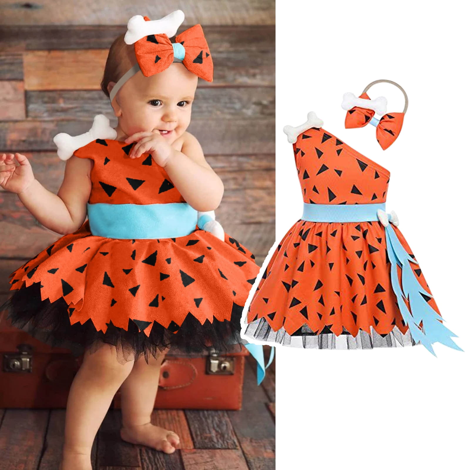 Kids Girls Caveman Costume Dog Bones Stone Age Outfit Birthday ...