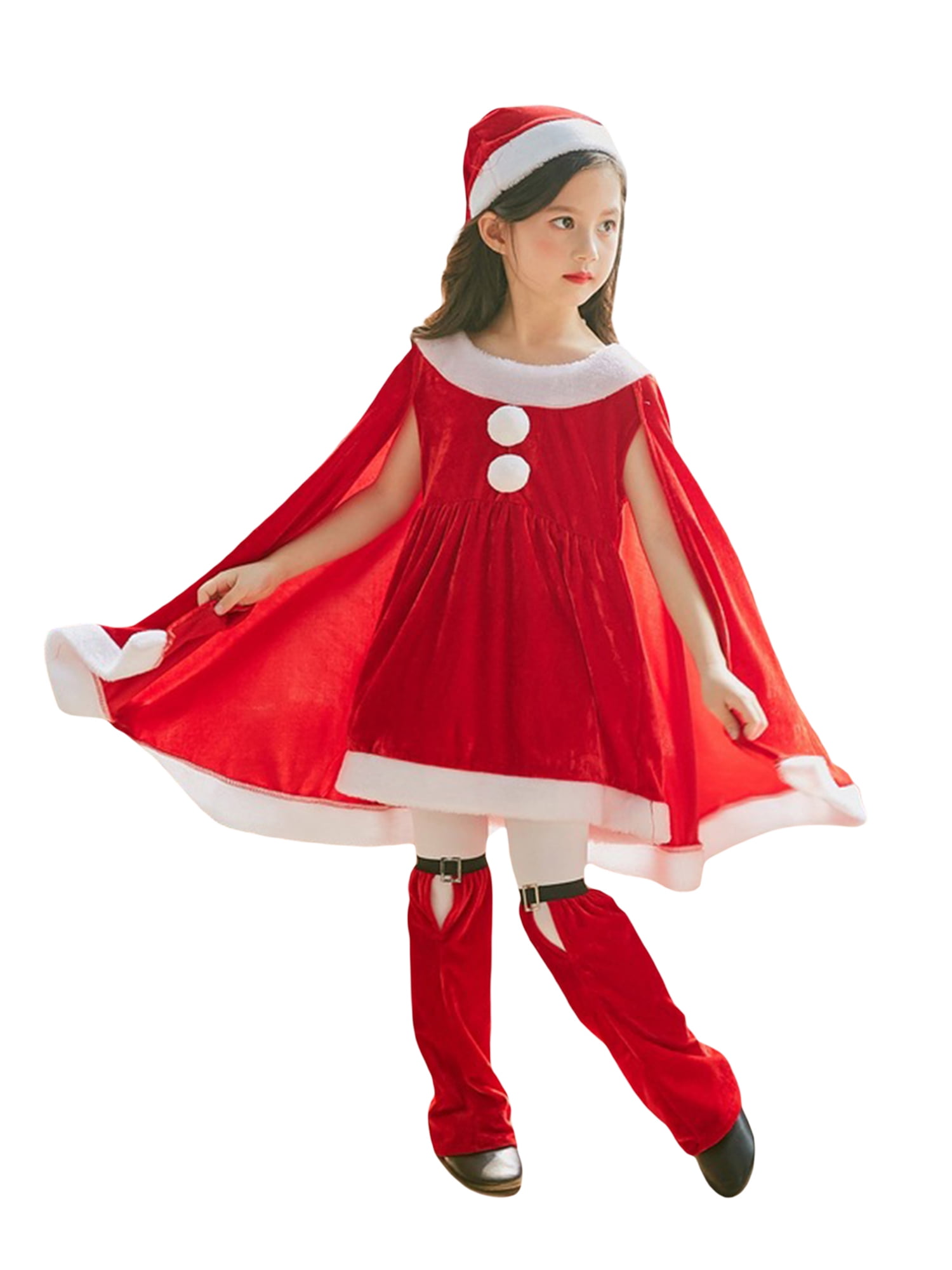 Kids Girls Christmas Costume Santa Shawl Dress and Shorts Cute Hat Set ...