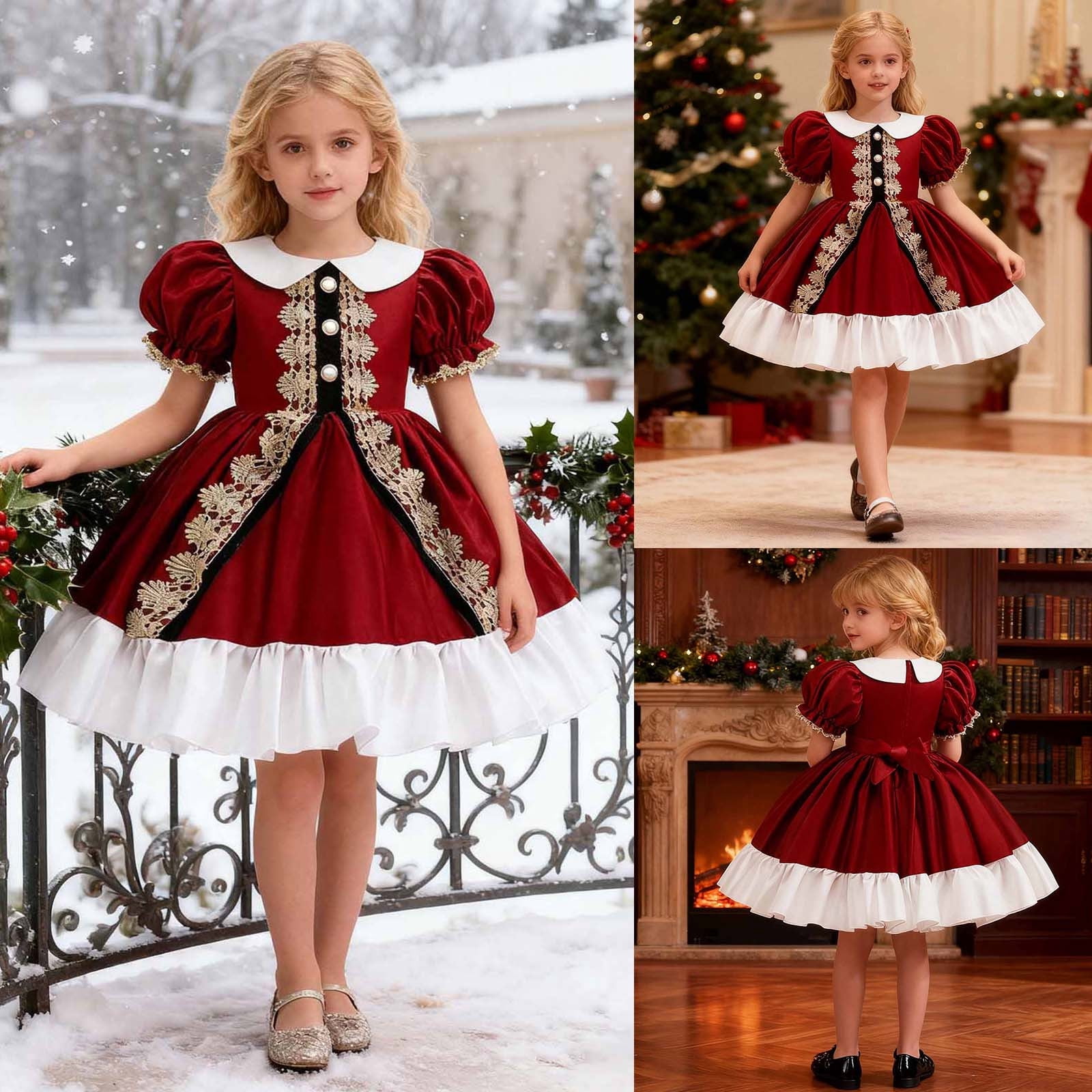 Kids Girls Christmas Dress Long Sleeve Christmas Embroider Pageant Red ...