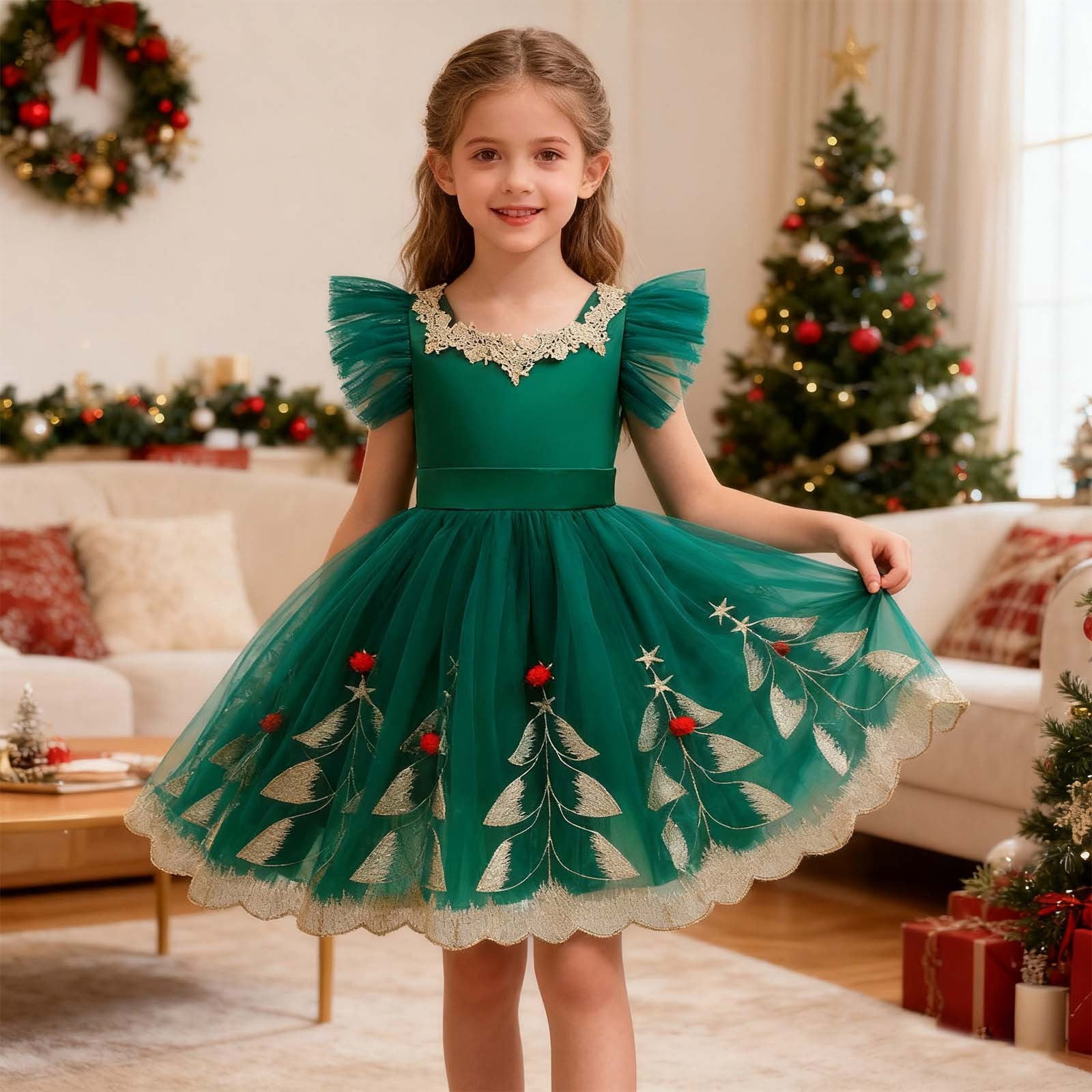 Kids Girls Christmas Dress Ruffle Sleeve Christmas Tree Party Green ...