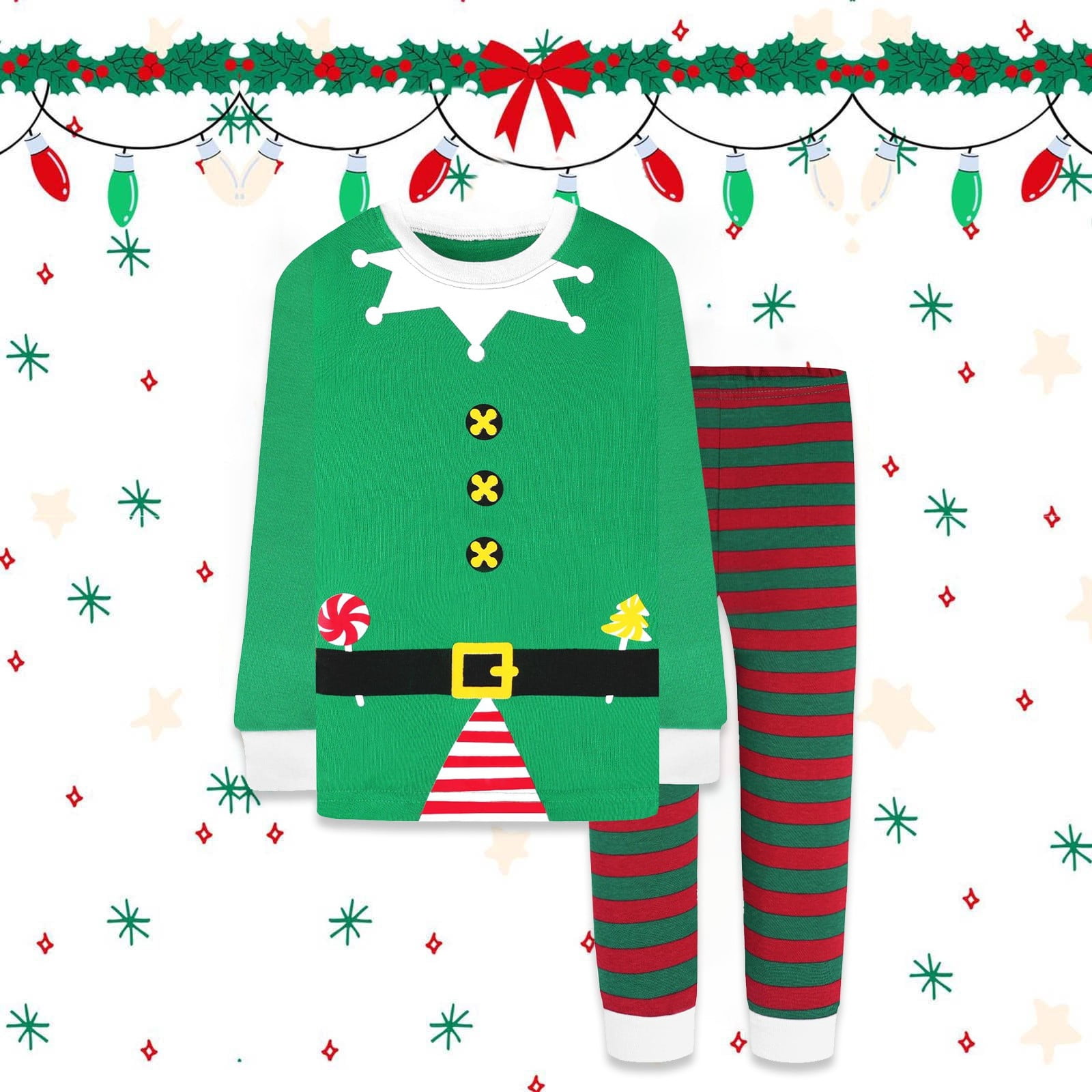 Kids Girls Christmas Pajamas Elf Pajamas Holiday Sleepwear Long Sleeve ...