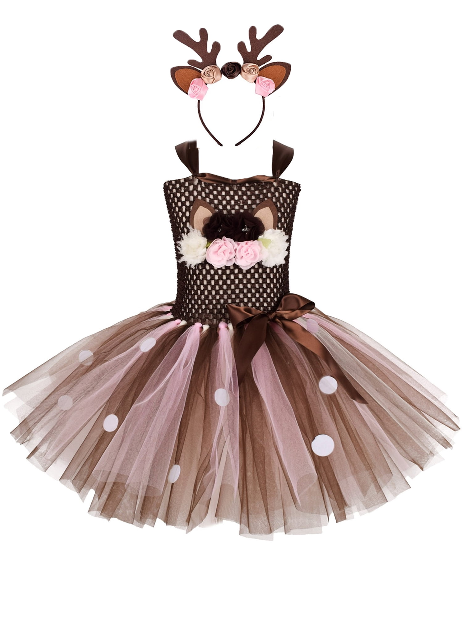 Kids Girls Christmas Reindeer Costume Elk Giraffe Jungle Safari Tutu Dress with Headband ...