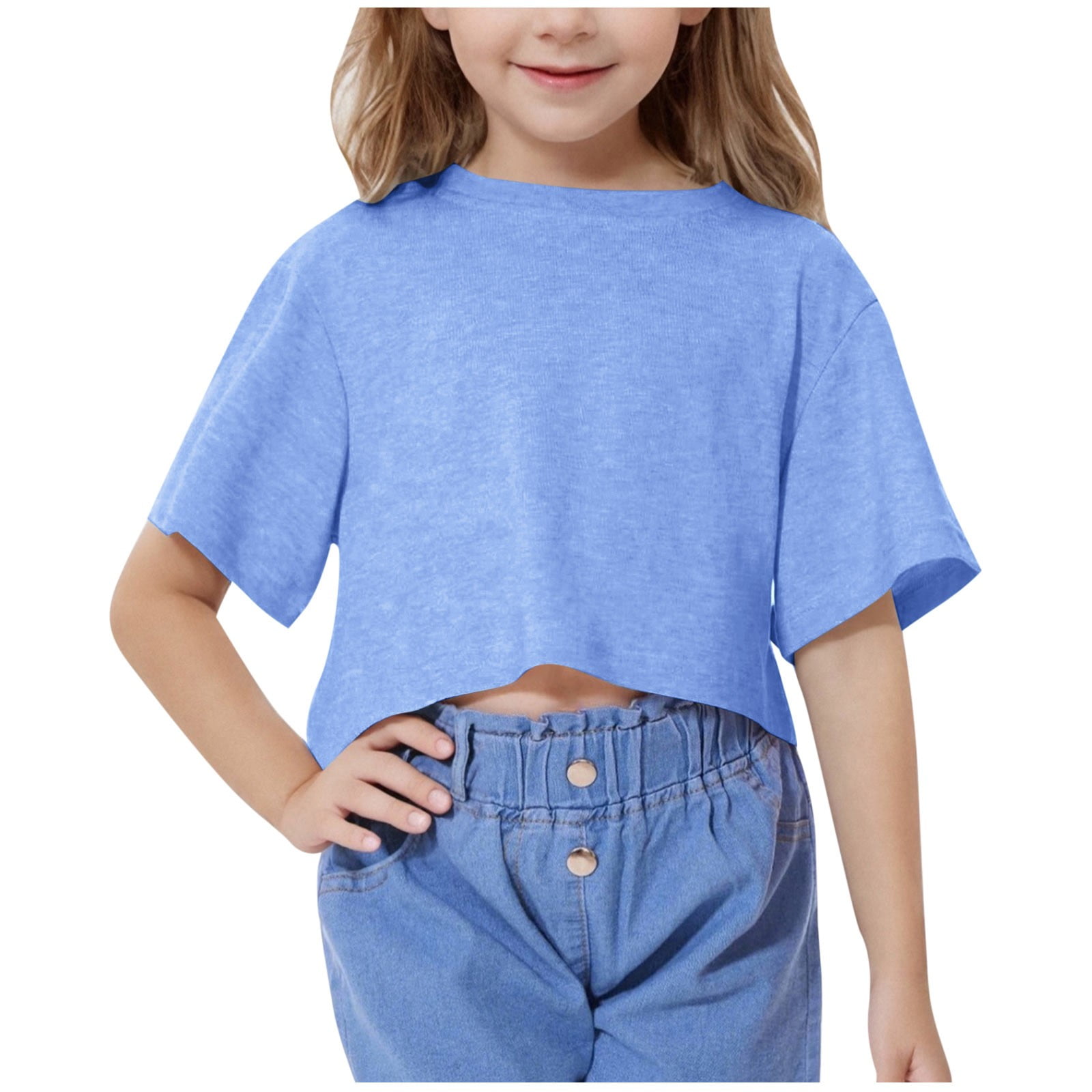 Kids Girls Crop Top Crew Neck Short Sleeve T Shirt Tween Casual Loose ...