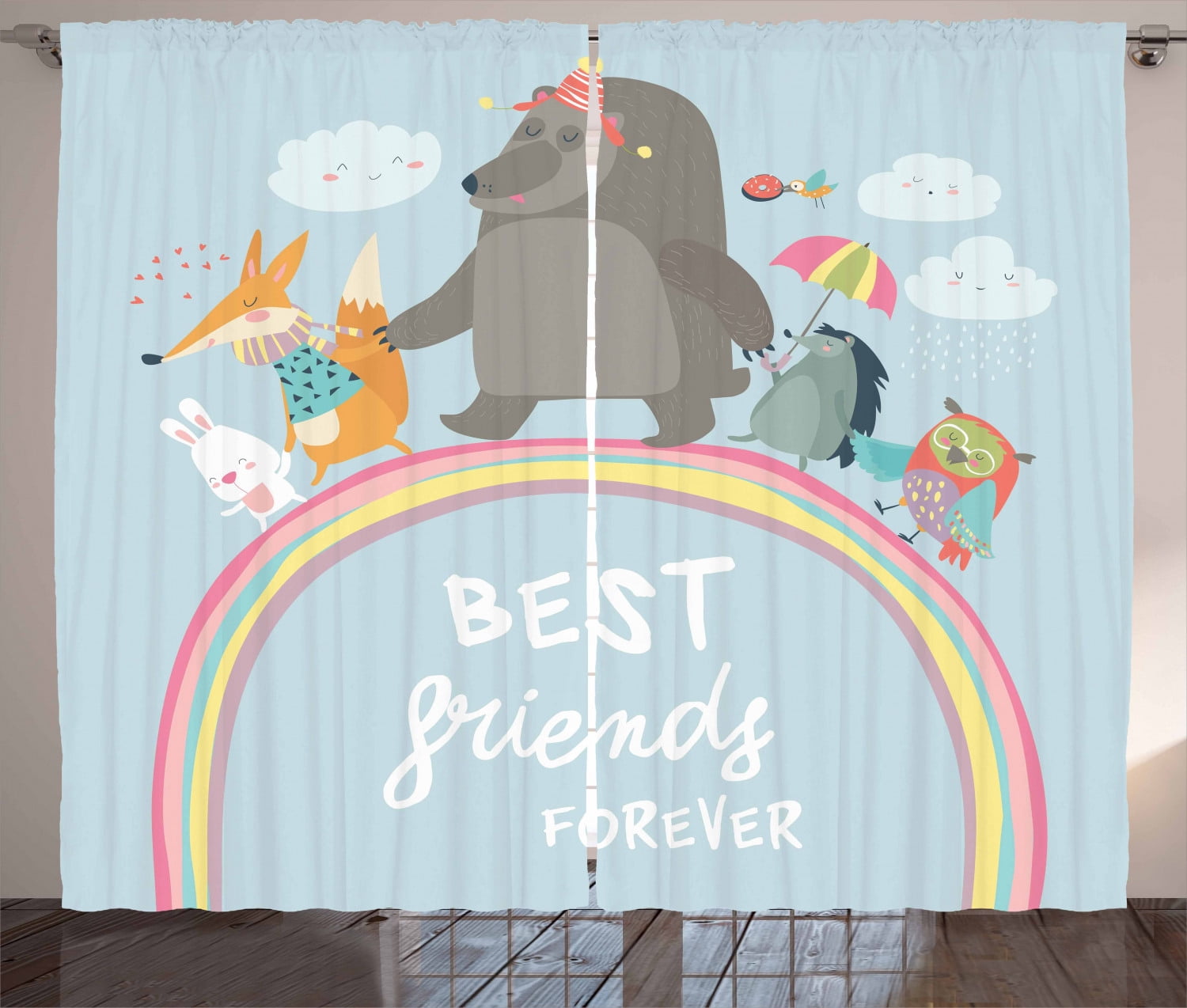 Ambesonne Rainbow Curtains 2 Panel Set, Best Animal Friends, 108" x 108 ...
