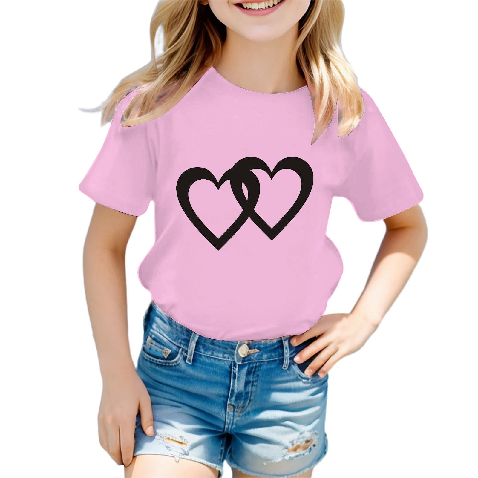 Kids Girls Cute Graphic T-Shirts Love Heart Printed Round Neck Short ...