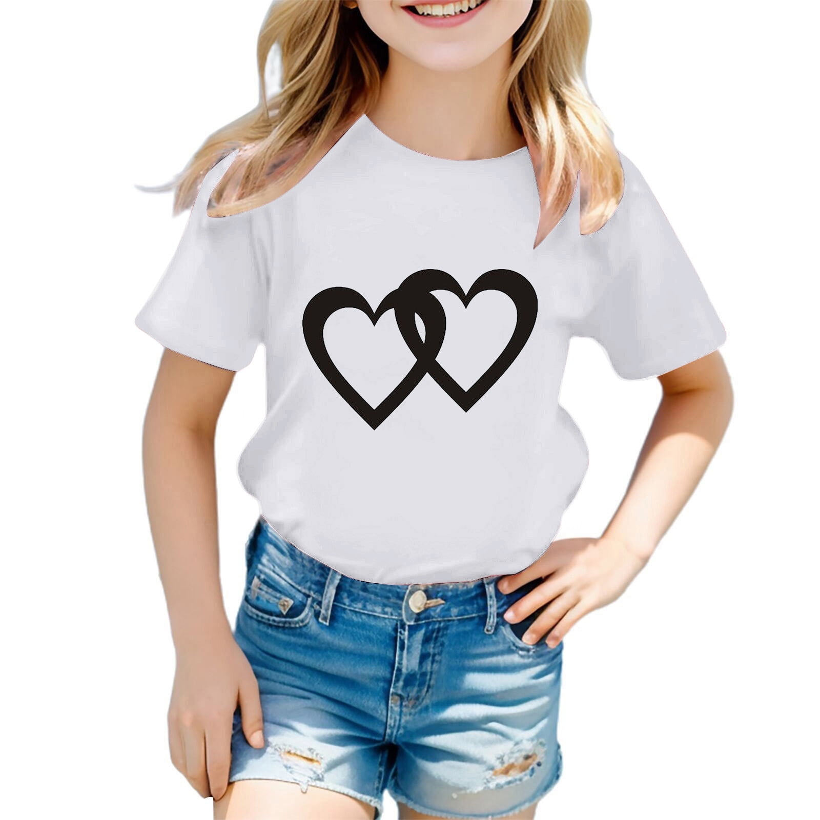 Kids Girls Cute Graphic T-Shirts Love Heart Printed Round Neck Short ...