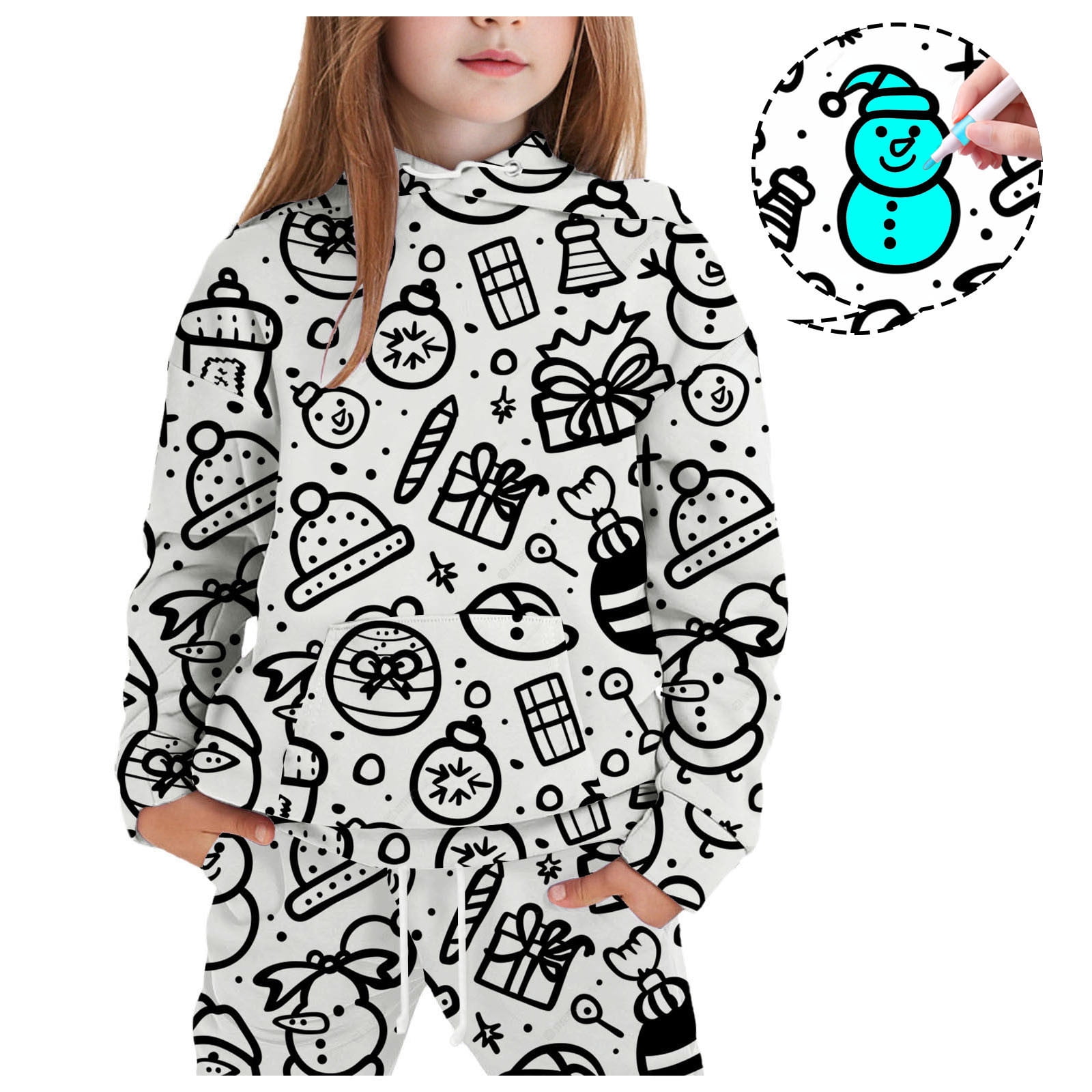 Kids Girls DIY Graf Fiti Long Sleeve Hooded Sweatshirt Long Pants Set ...