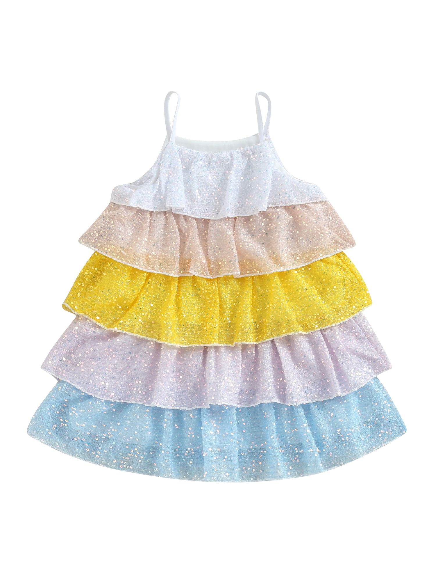 Kids Girls Dress Contrast Color Sequins Tiered Ruffles Sleeveless Cami ...