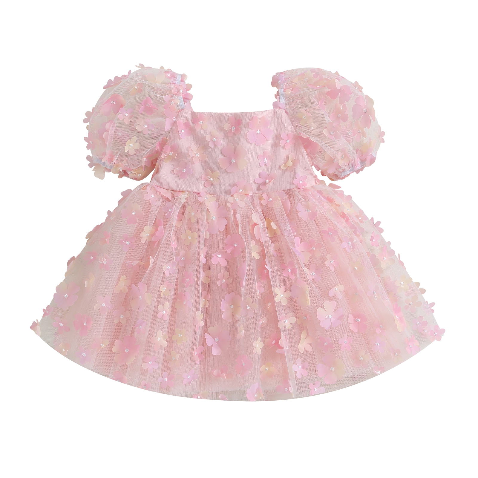 Kids Girls Dress Flower Decor Short Puff Sleeve Back Bowknot A-line ...