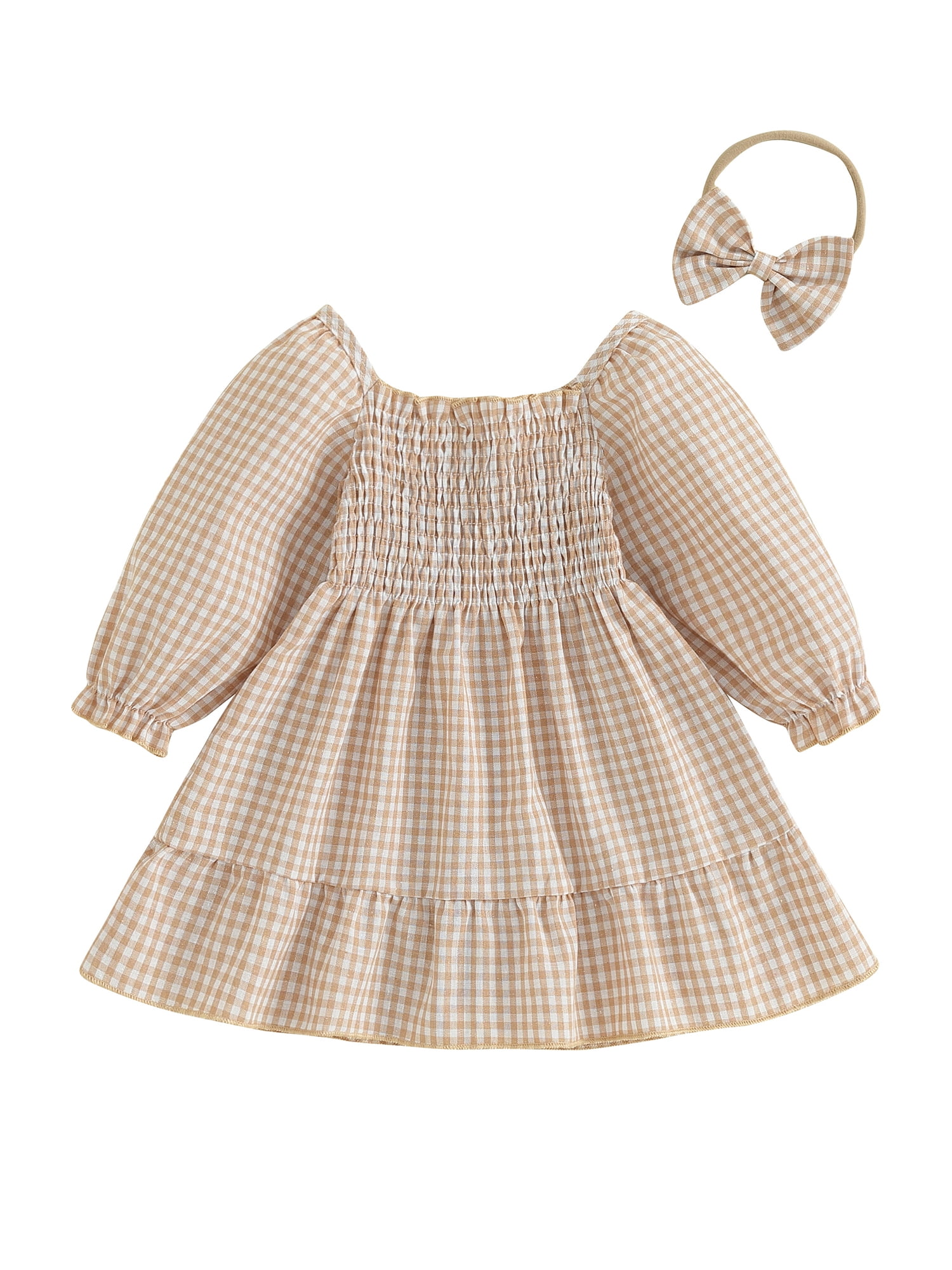 Kids Girls Fall Outfit, Long Sleeve Square Neck Plaid A-line Dress with ...