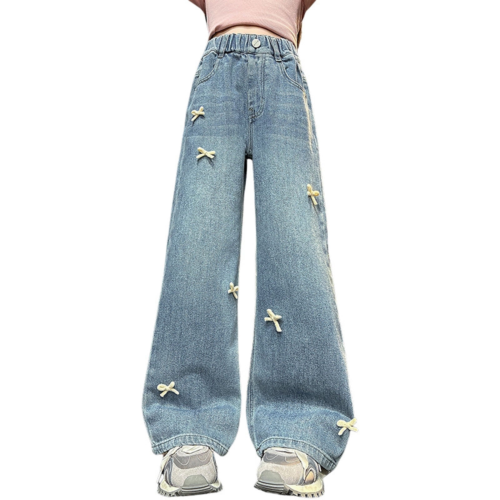 Kids Girls' Fashion Jeans Elastic High Waist Wide Leg Pants Trousers ...