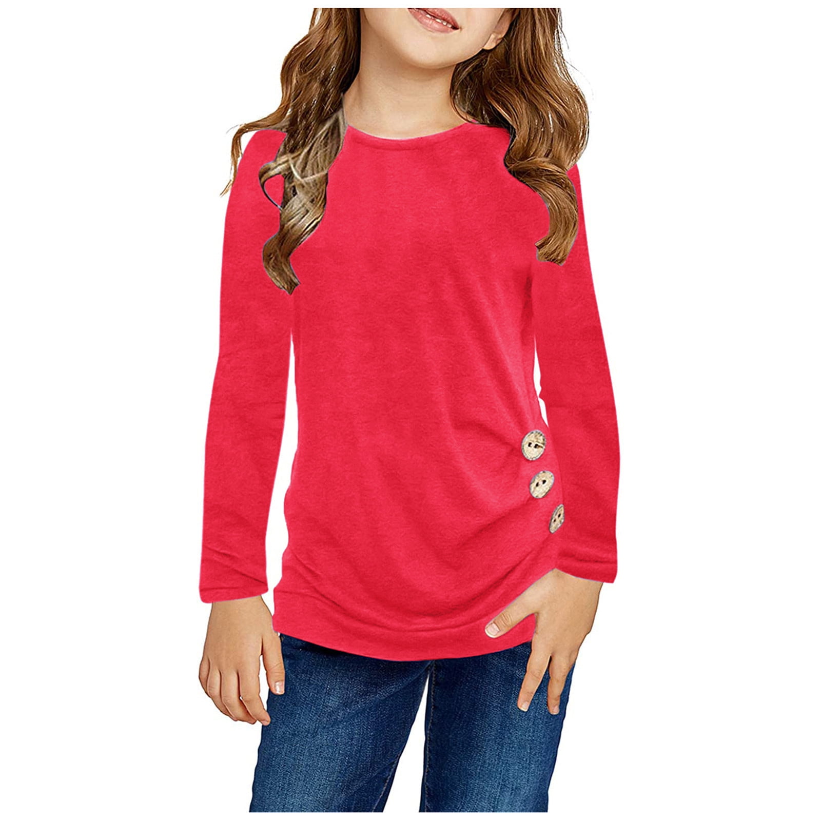 Girls Fashion Top, Solid Color Button Casual Long Sleeve Crewneck ...