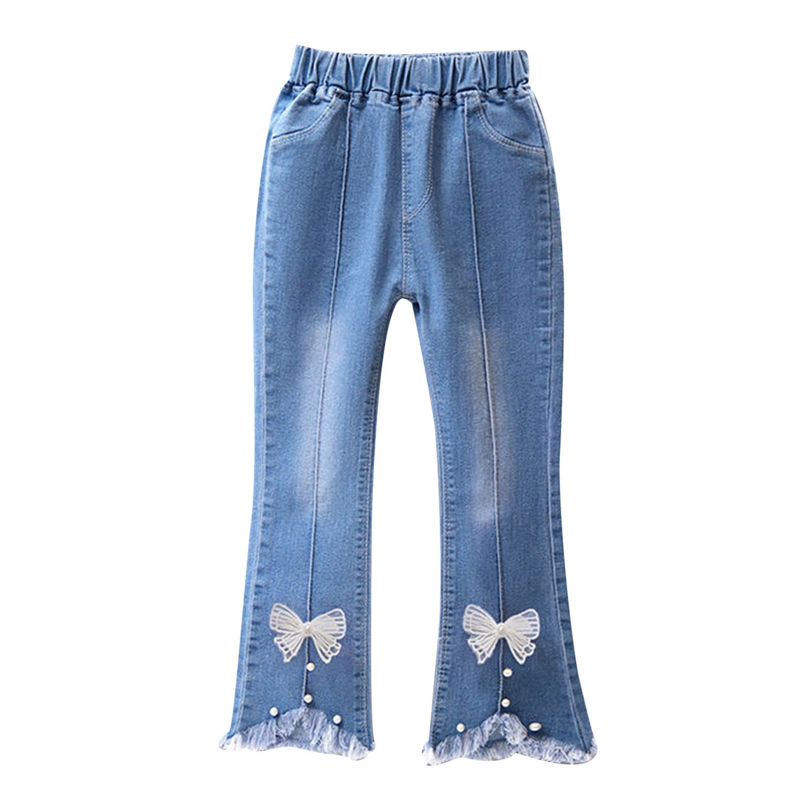 Kids Girls Flared Jeans Trousers Elastic High Waist Stretch Bell-Bottom ...