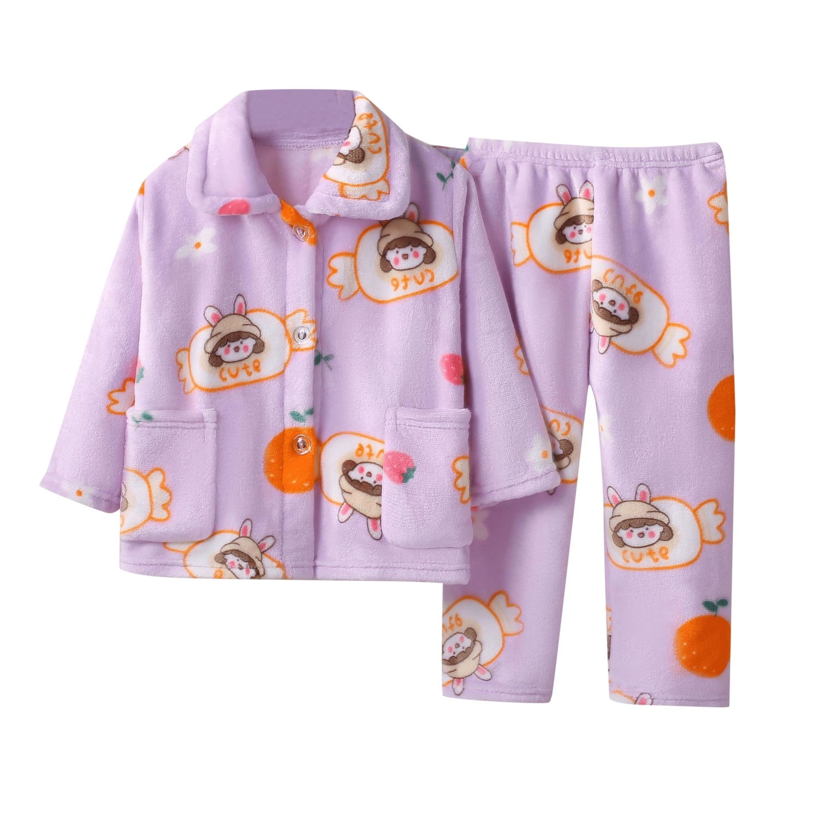 Kids Girls Fleece Pajamas Set Warm Winter Fall Sleepwear Soft Tops ...
