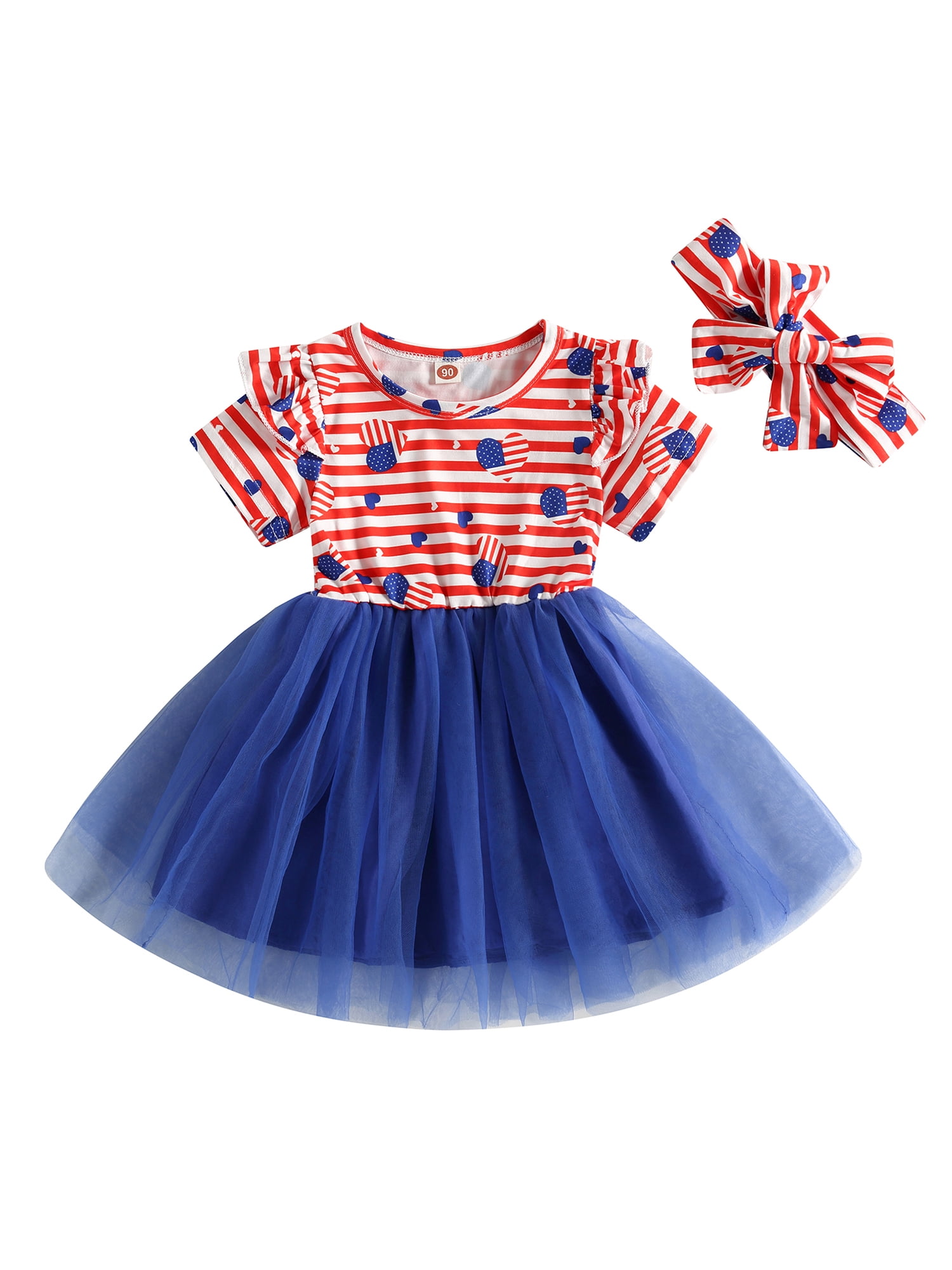 Kids Girls Fourth of July Outfits Short Sleeve Ruffle Tulle Dress with ...