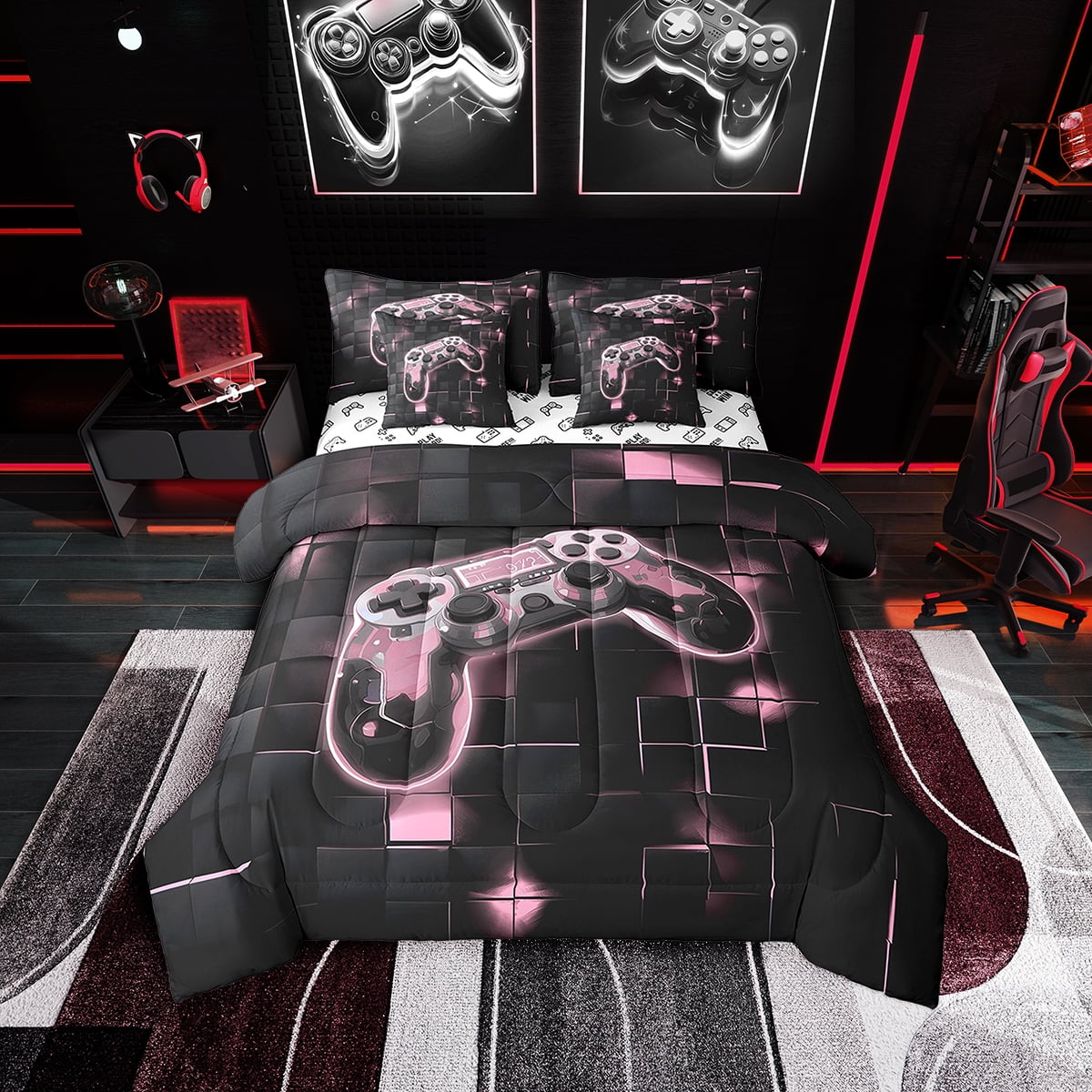 Gaming Twin Comforter Set with Sheets,Pink and Black Gamer Bedding Sets ...