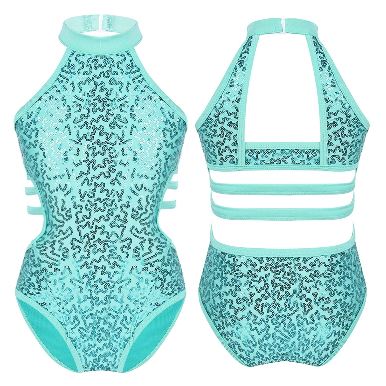 Kids Girls Gymnastics Leotards Sparkly Sequins Dancewear Back Strappy ...