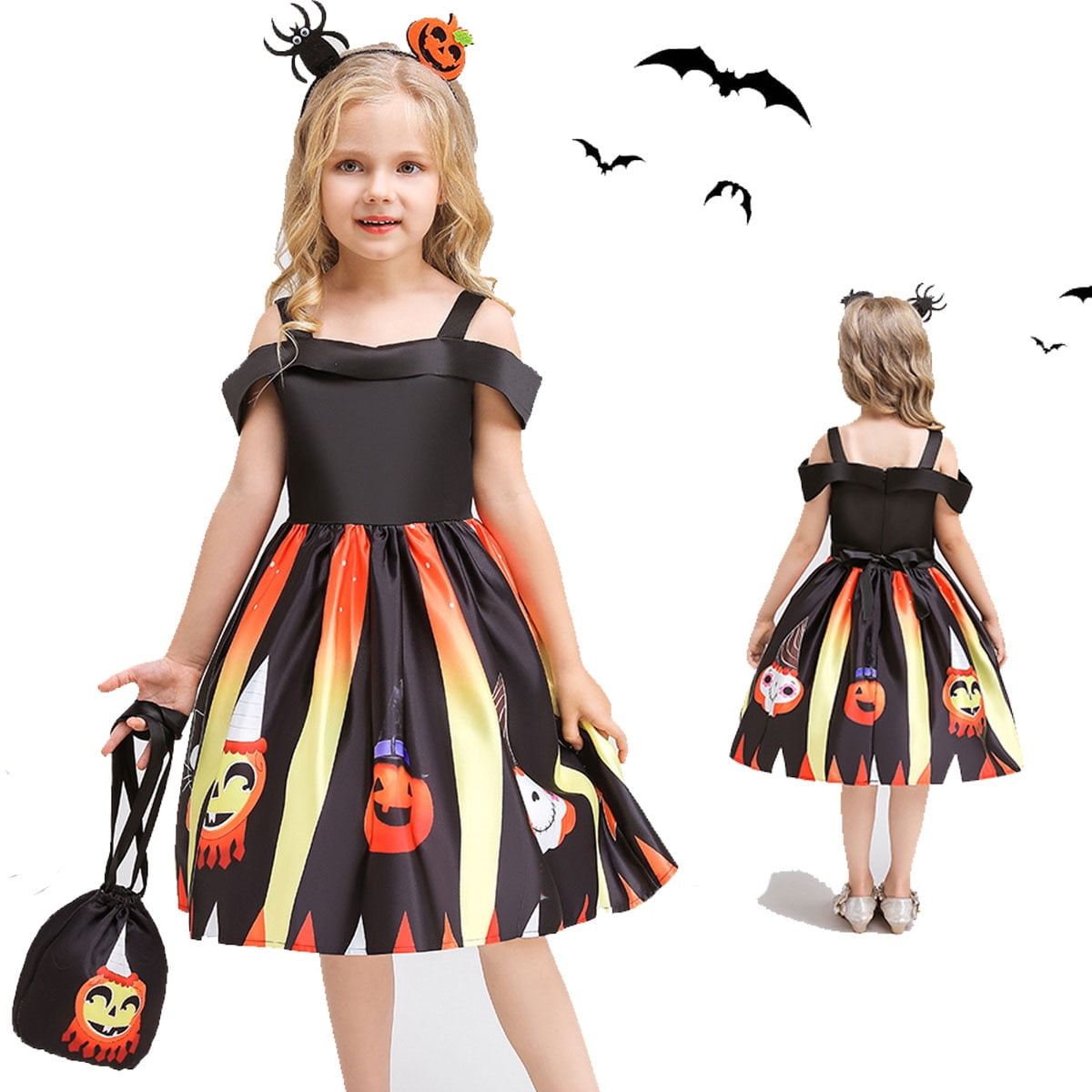 Kids Girls Halloween Costume Dress Ghost Pumpkin Skull Printed Fancy Dress Up Cosplay Party ...