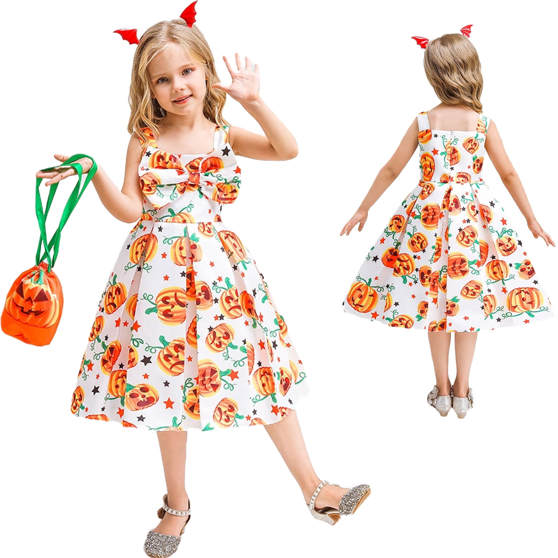 Kids Girls Halloween Costume Dress Ghost Pumpkin Skull Printed Fancy ...