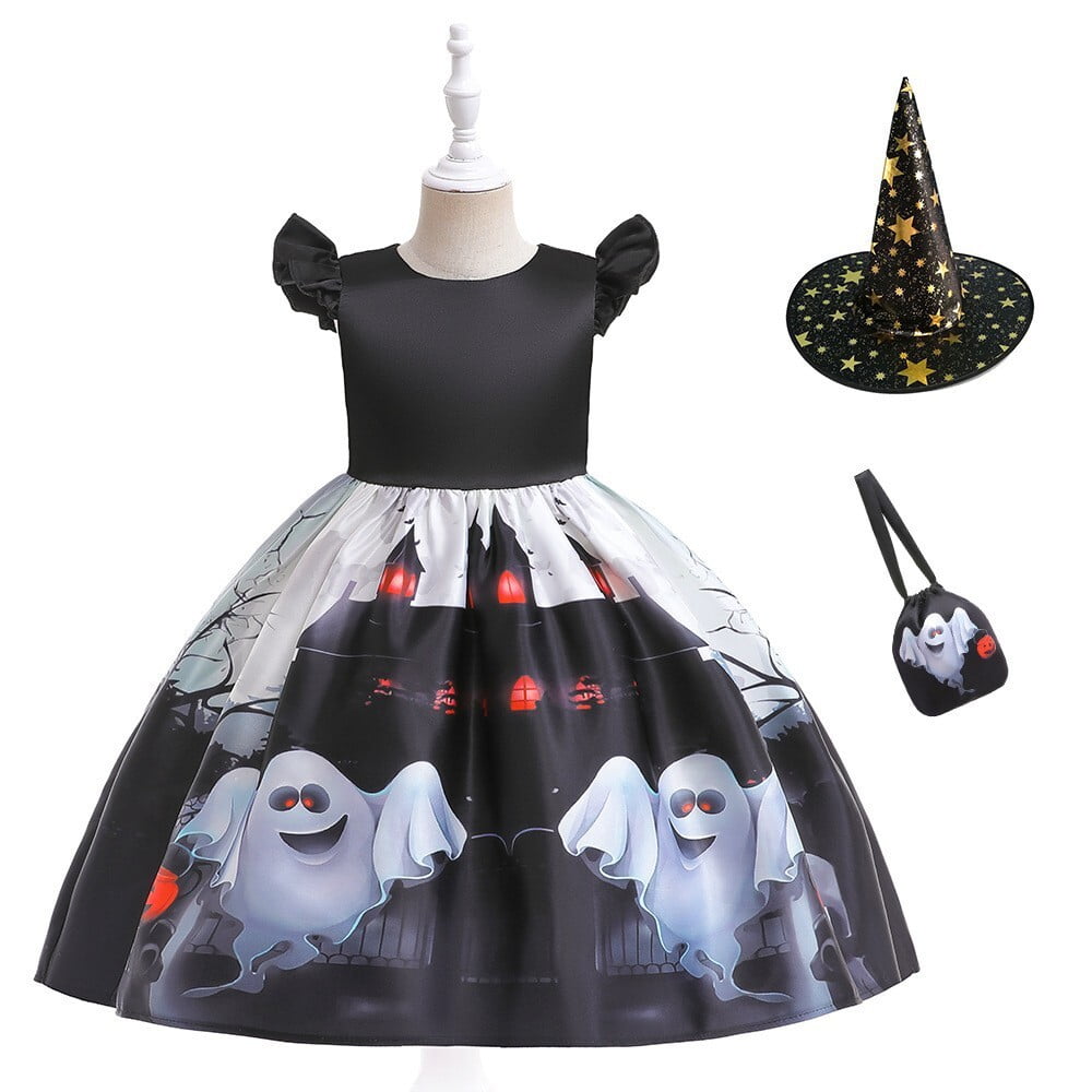 Kids Girls Halloween Costume Dress Ghost Pumpkin Skull Printed Fancy ...