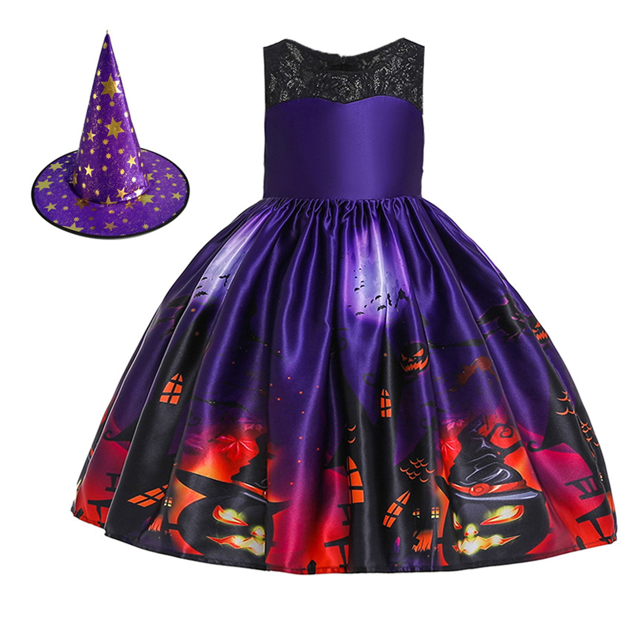 Kids Girls Halloween Costume Dress w/Witch Hat Pumpkin Skull Printed ...