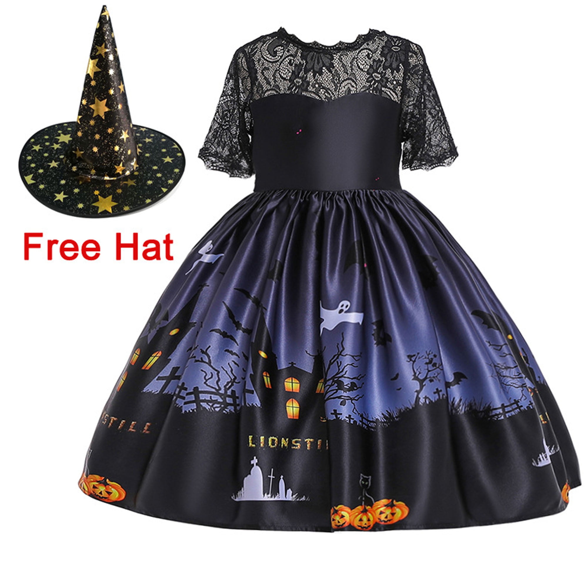 Kids Girls Halloween Costume Dress w/Witch Hat Pumpkin Skull Printed ...