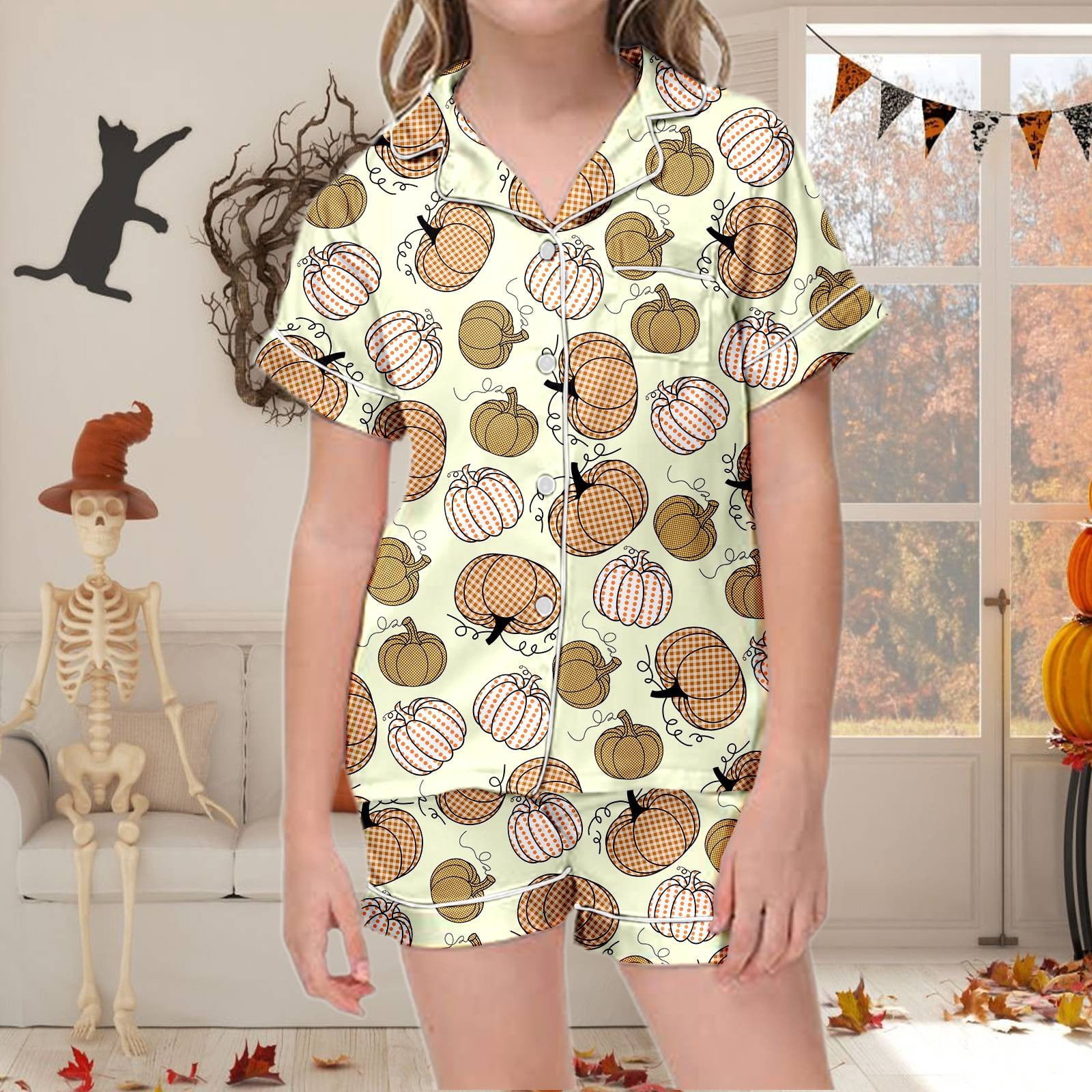 Kids Girls Halloween Pajamas Set Ghost Pumpkin Print Satin Pajamas for ...