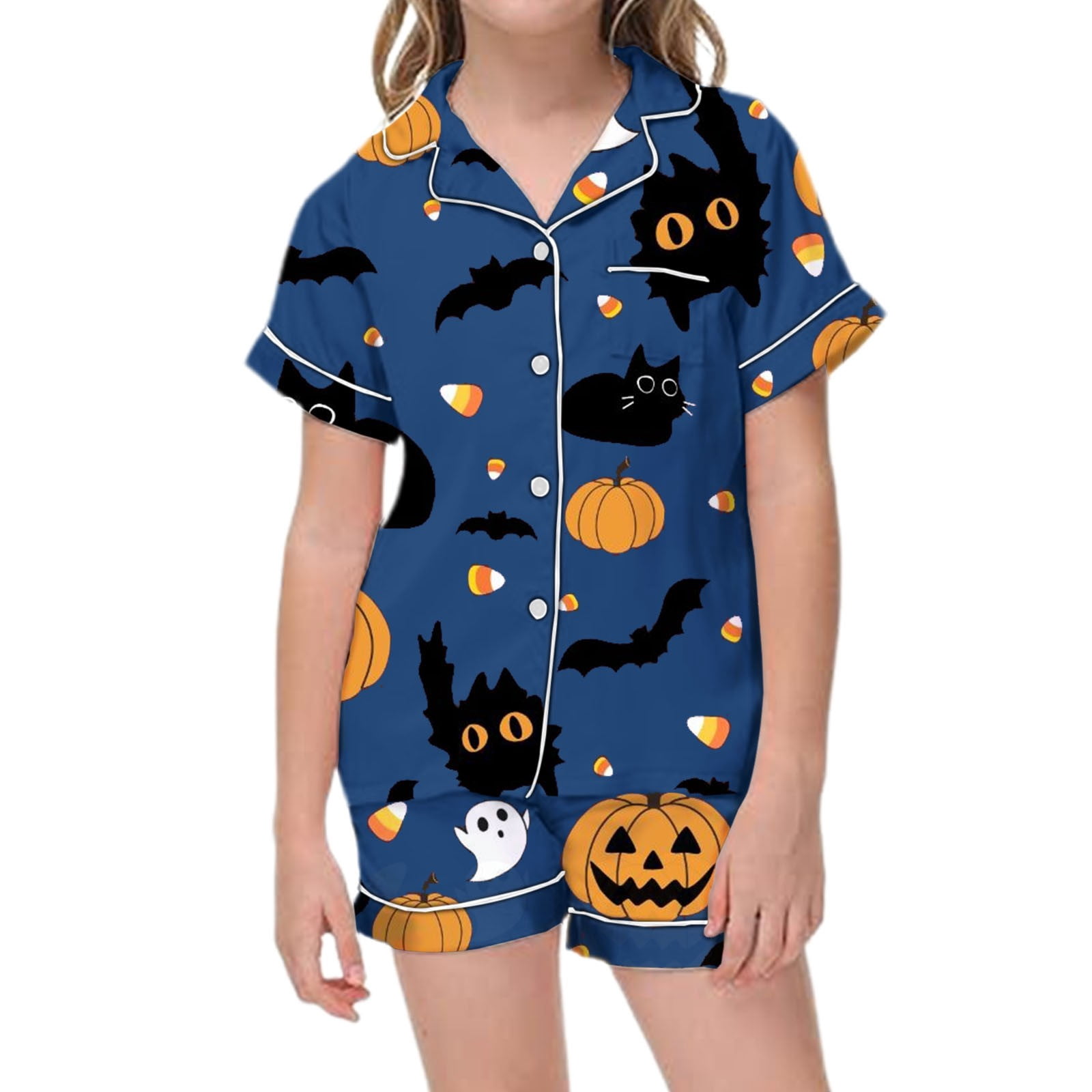 Kids Girls Halloween Pajamas Set Pumpkin Ghost Bat Print Satin Pajamas ...