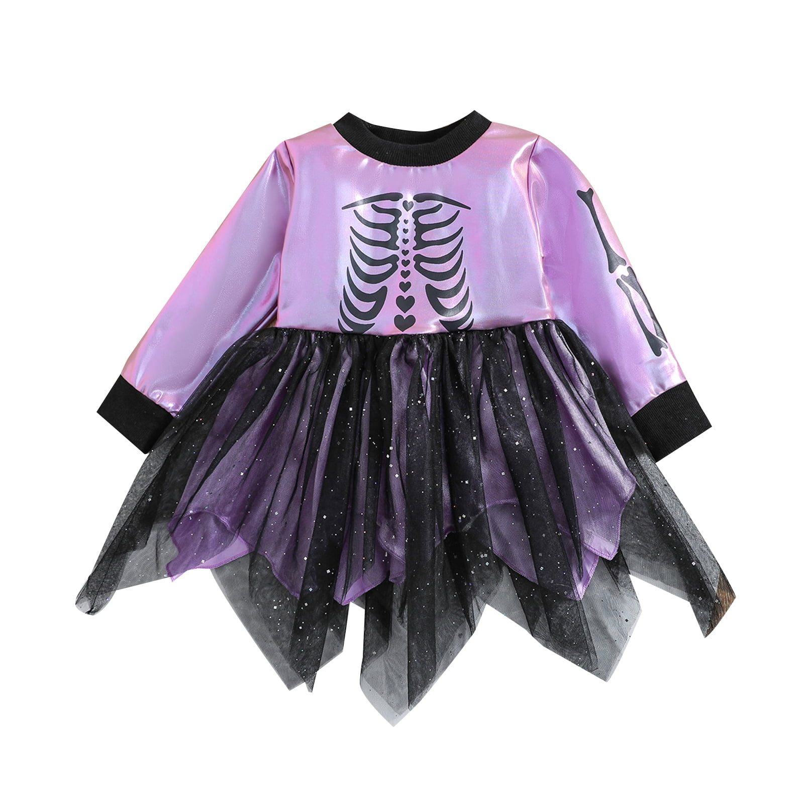 Kids Girls Halloween Tutu Dress Long Sleeve Skeleton Print Irregular ...
