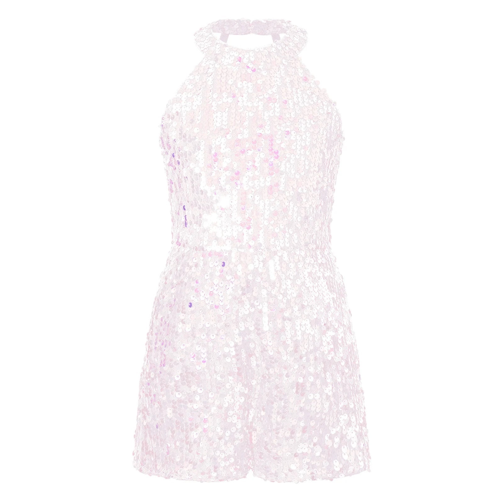 Kids Girls Halter Shiny Sequins Gymnastics Ballet Dance Shorty Unitard ...