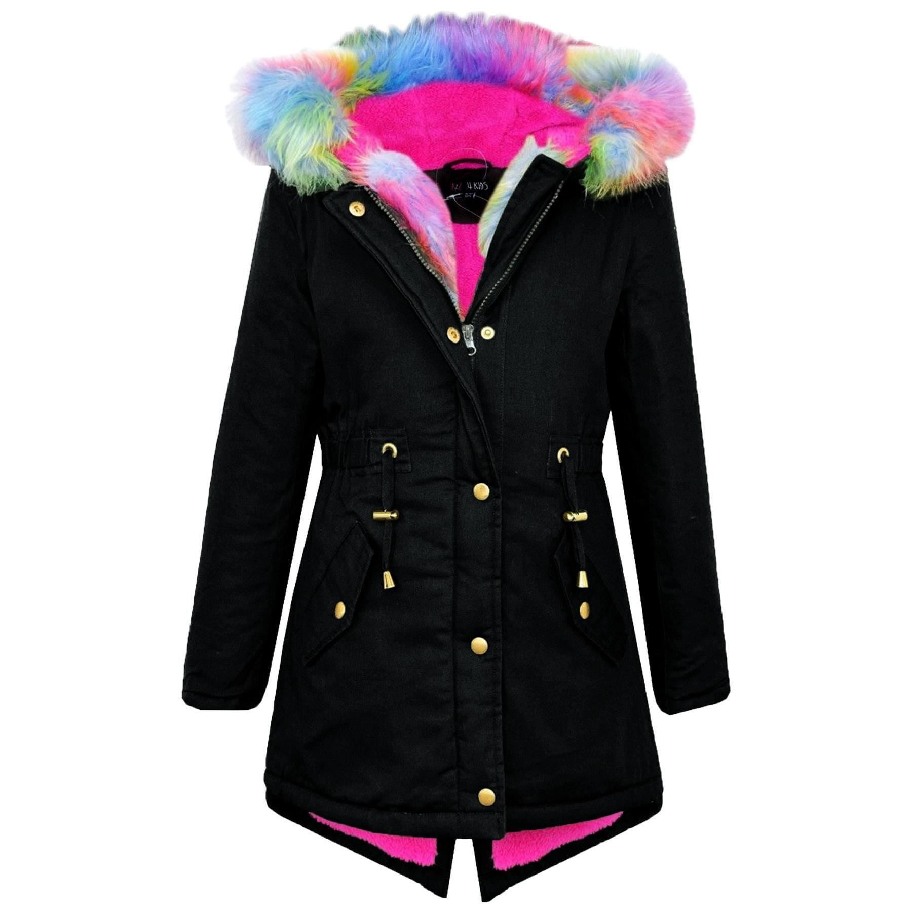Kids Girls Hooded Coat Rainbow Faux Fur Black Parka School Jackets ...