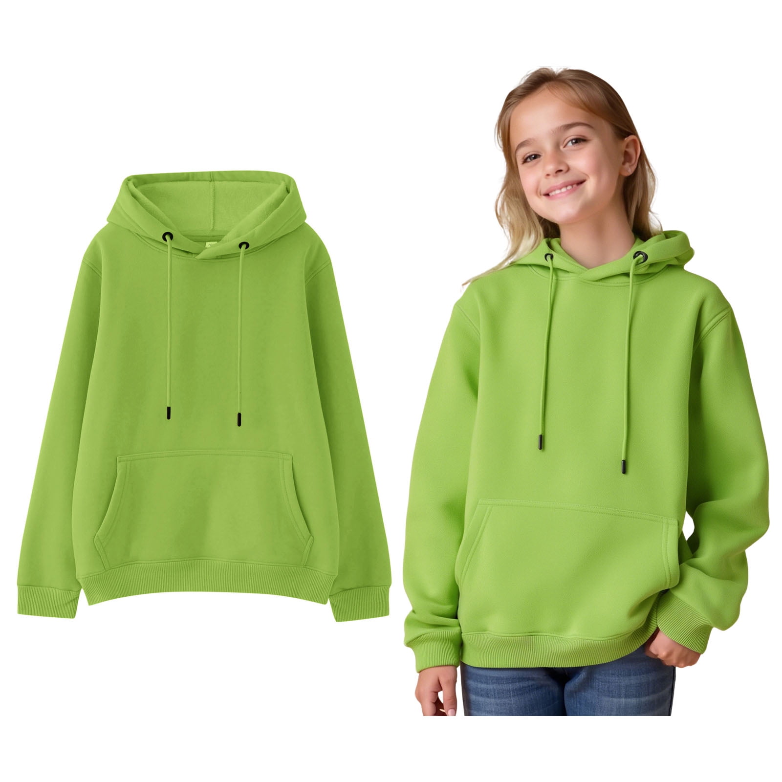 Kids Girls Hoodie Kids Green Hooded Long Sleeve Casual Basic Pullover ...