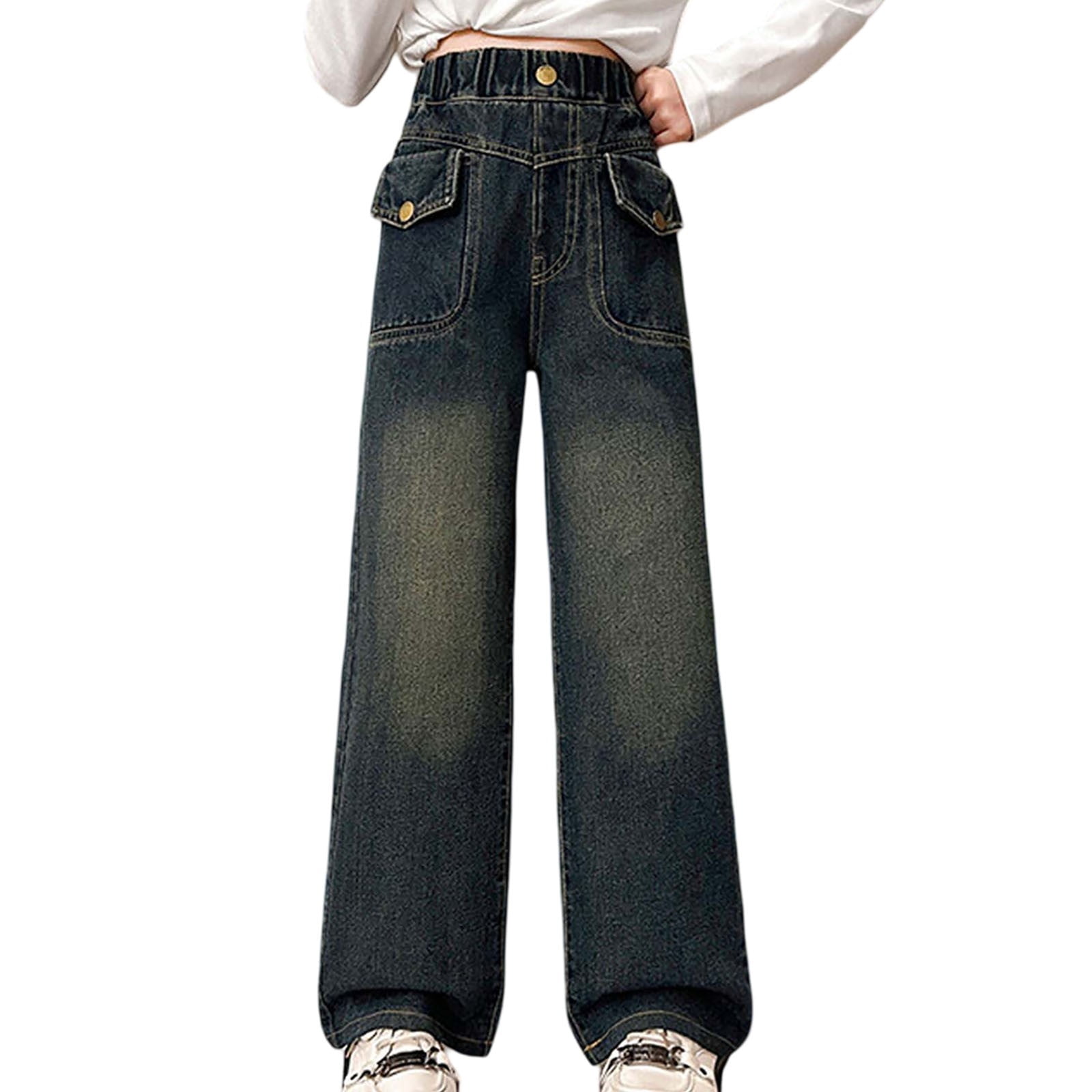 Kids Girls Jeans Denim Elastic Wasit Wide Leg High Waist Denim Pants ...