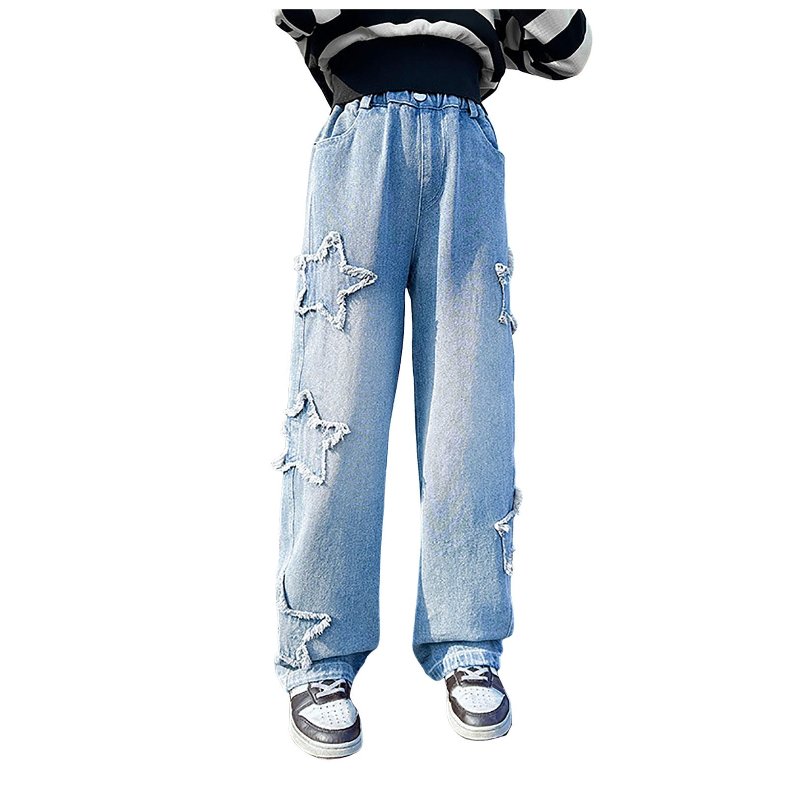 Kids Girls Jeans Y2K Wide Leg Loose Denim Pants Elastic High Waist Kids ...