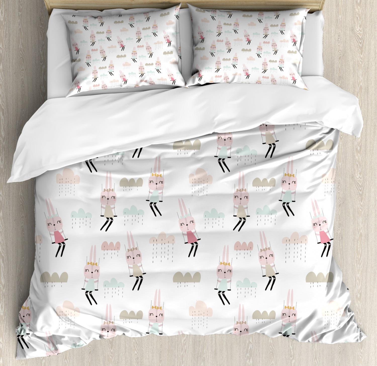 Kids Girls King Size Duvet Cover Set, Doodle Style Cute Rabbit Girls ...