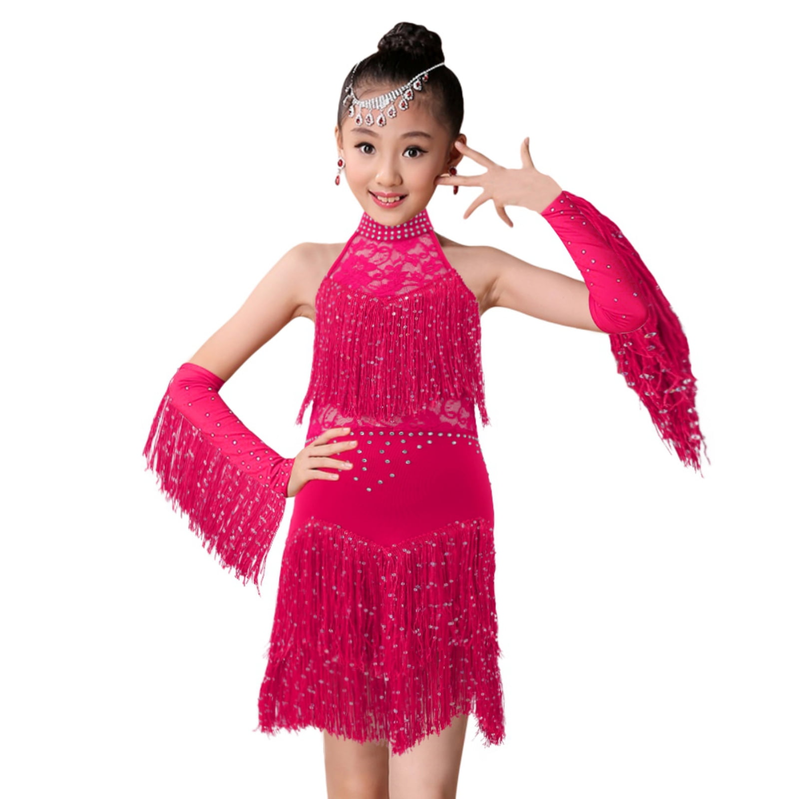 Kids Girls Latin Dress Sequin Tassel Skirt Lace Rhinestone Fringe Skirt ...