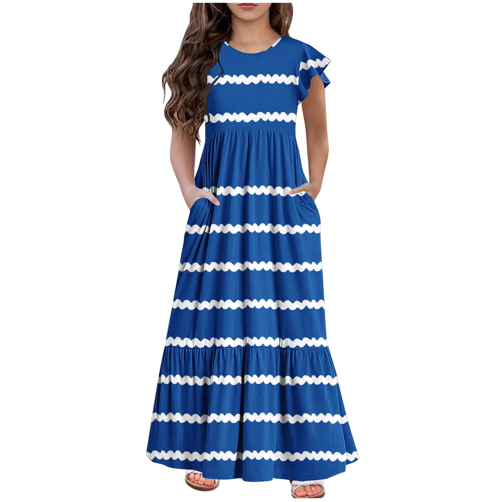 Kids Girls Long Dress Striped Printed Crewneck Ruffle Short Sleeve ...