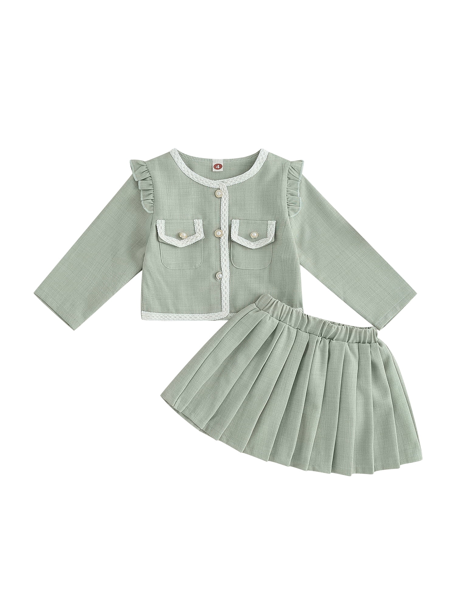 Kids Girls Long Sleeve Button Down Jacket with Pleated Skirt 2 Piece ...