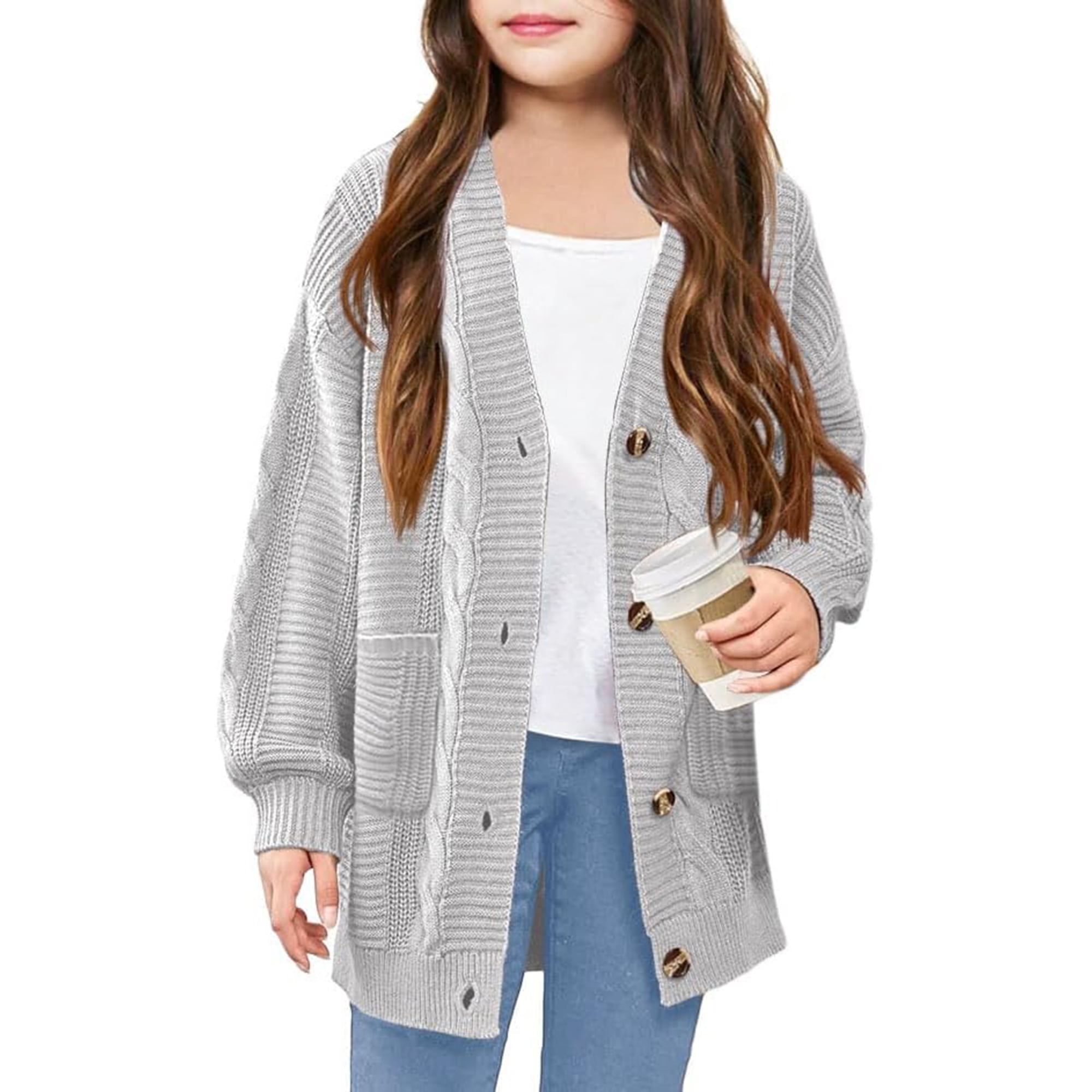 Kids Girls Long Sleeve Cardigans Open Front Cable Knit Chunky Oversized ...