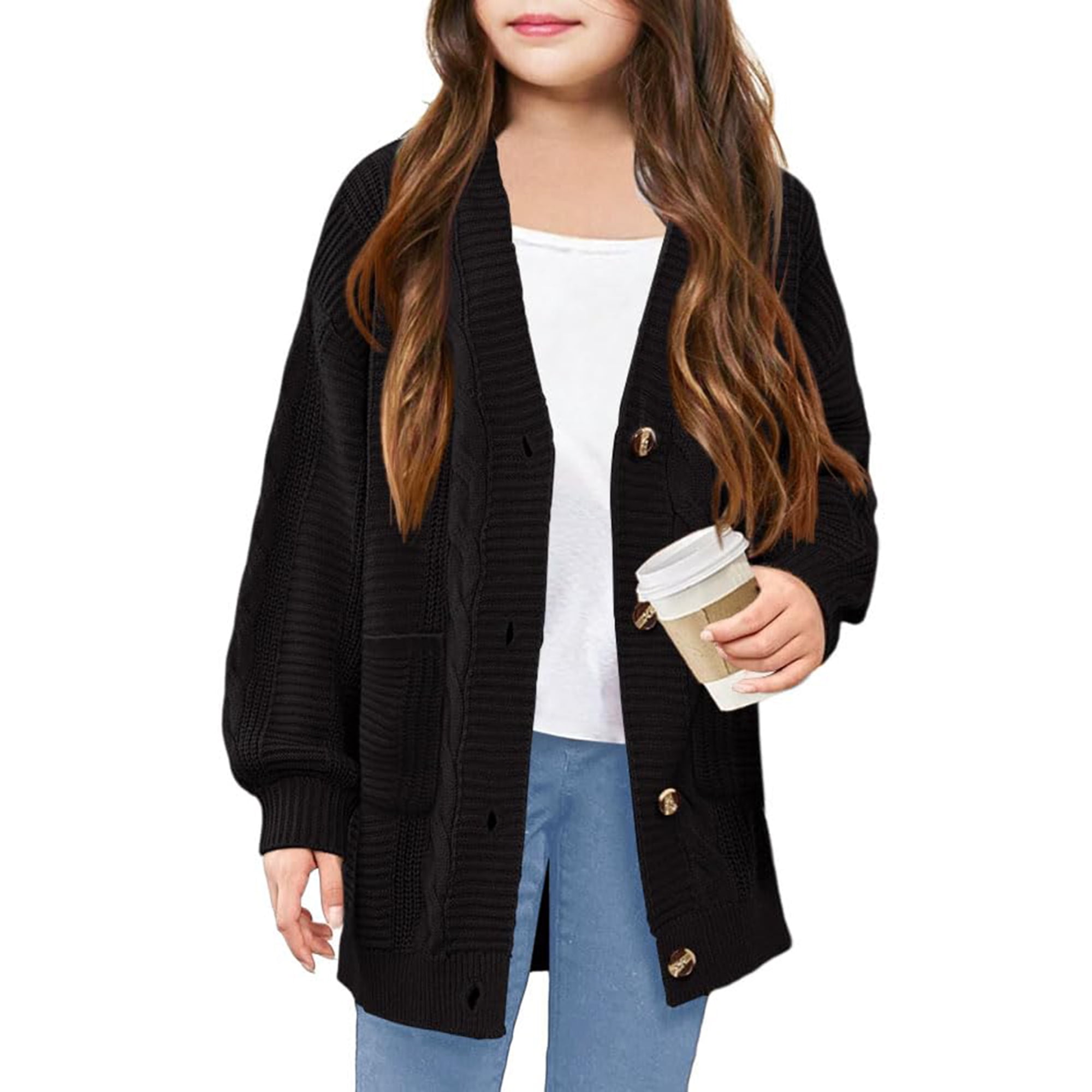 Kids Girls Long Sleeve Cardigans Open Front Cable Knit Chunky Oversized ...
