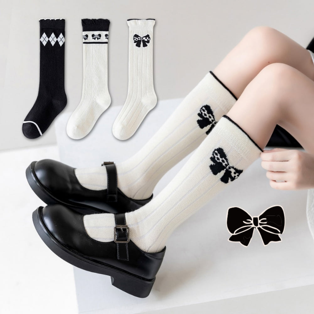 Kids Girls Long Socks Cute Fashion Bowknot Embroidery Seamless Cotton ...