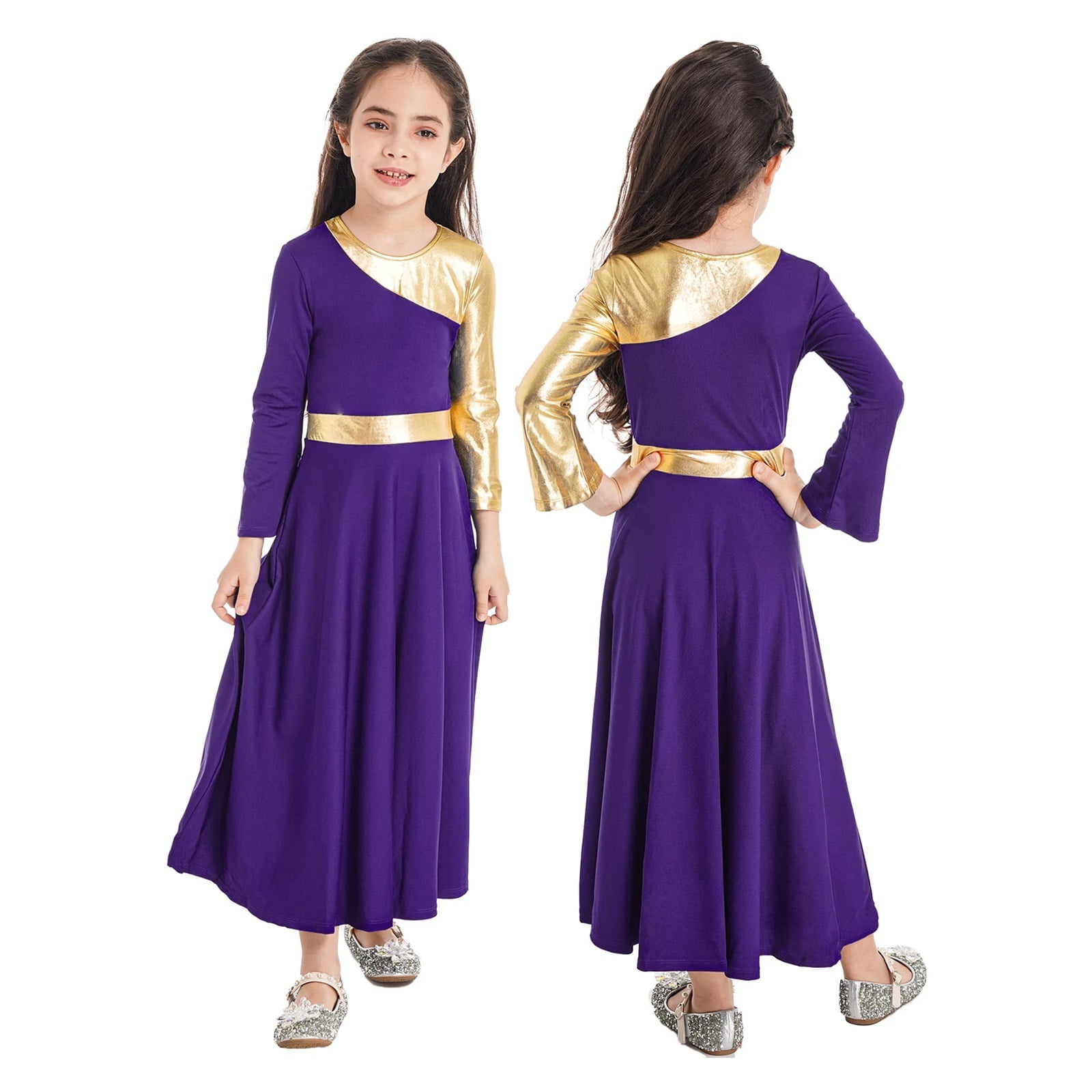 Kids Girls Metallic Ballet Lyrical Praise Dance Long Dress Liturgical ...