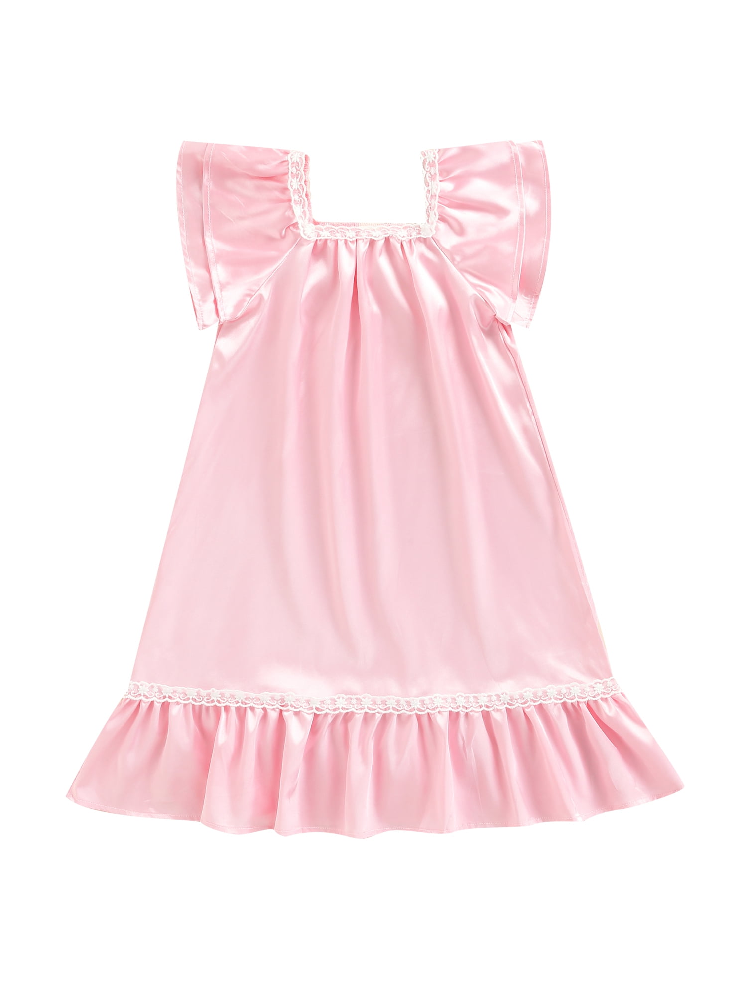 Kids Girls Nightgown Square Neck Short Sleeve Satin Silk Night Dress ...