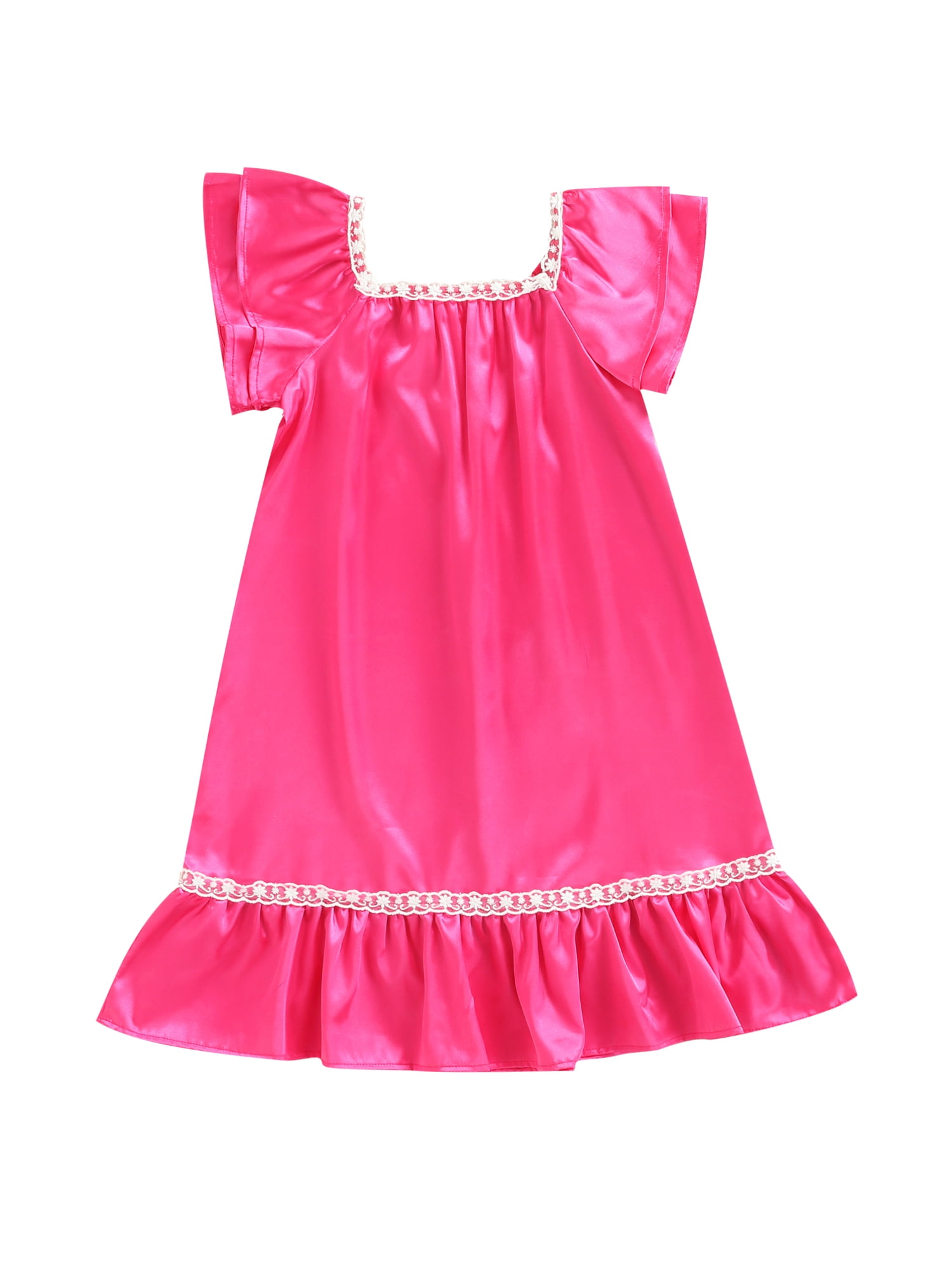 Kids Girls Nightgown Square Neck Short Sleeve Satin Silk Night Dress ...