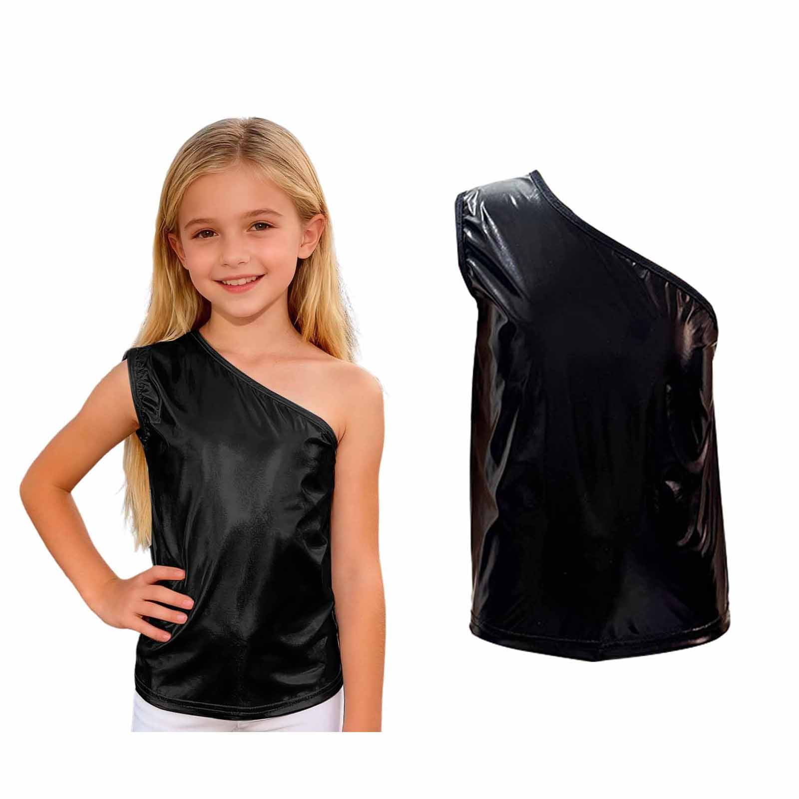 Kids Girls Off Shoulder Dance Vest Sleeveless Metallic Shiny Tank Vest ...