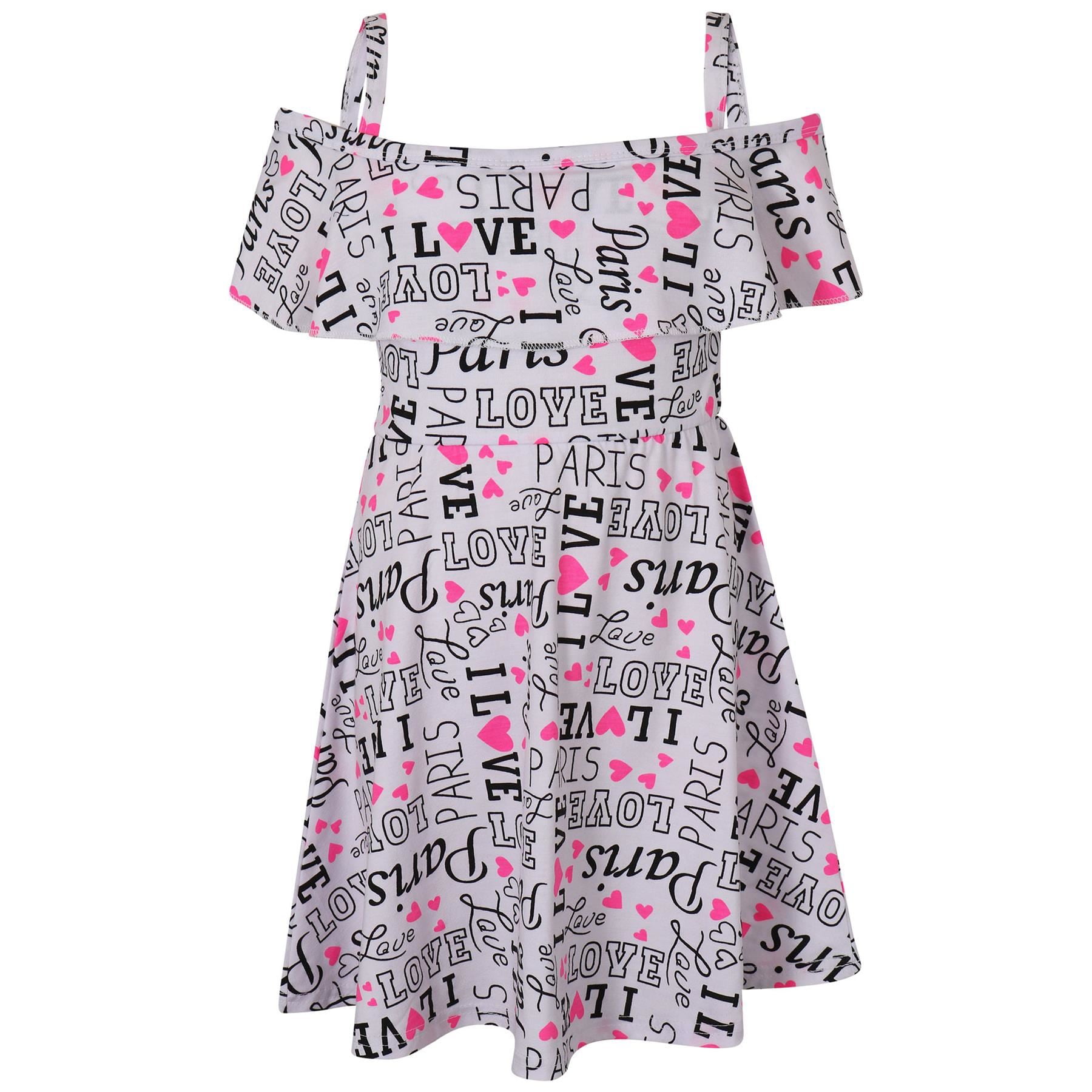 Kids Girls Off Shoulder Dress I Love Paris Print Summer Party Outfit ...