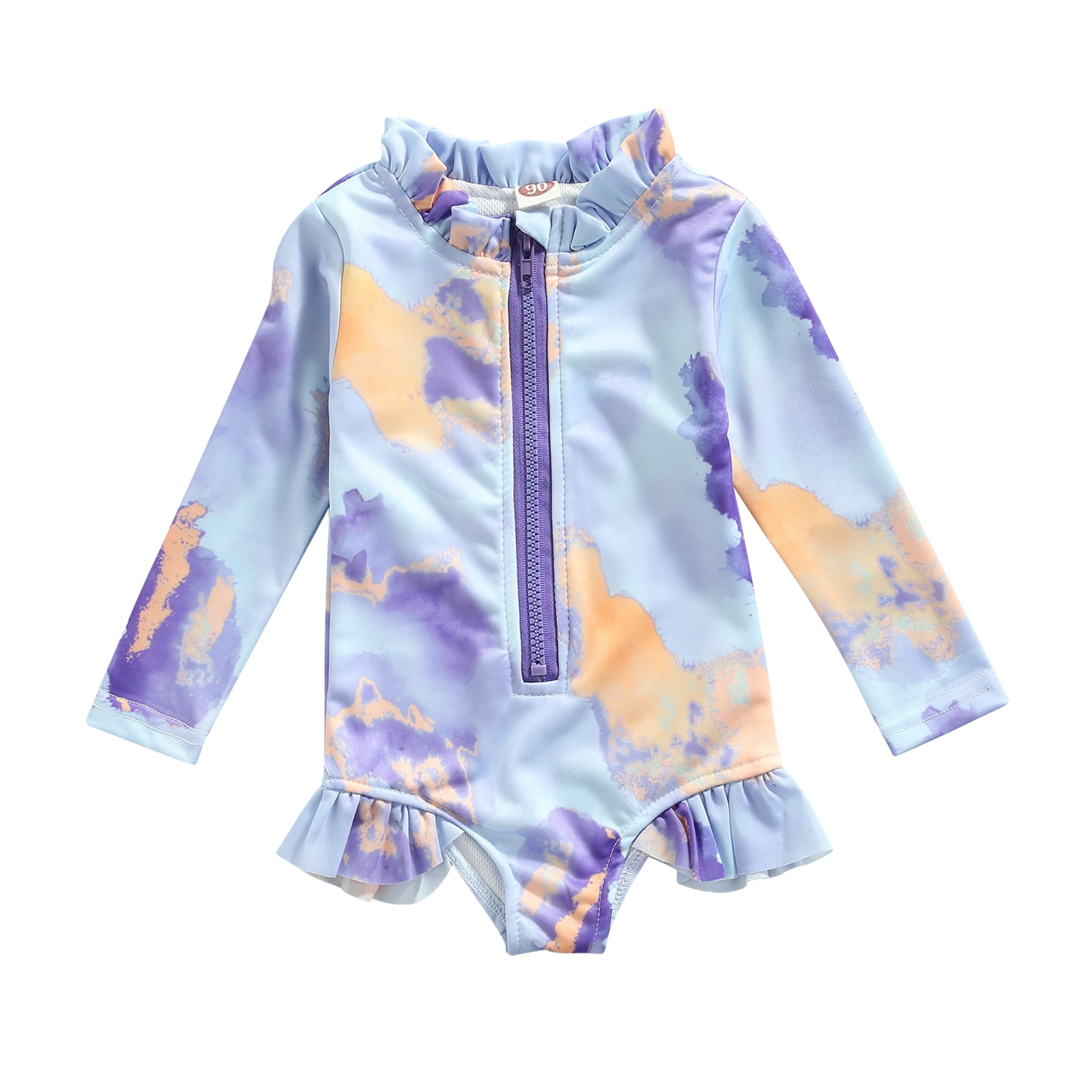 Kids Girls One Piece Swimsuits Little Girls Long Sleeve Zipper Tie-Dye Romper Rash Guards Beach ...
