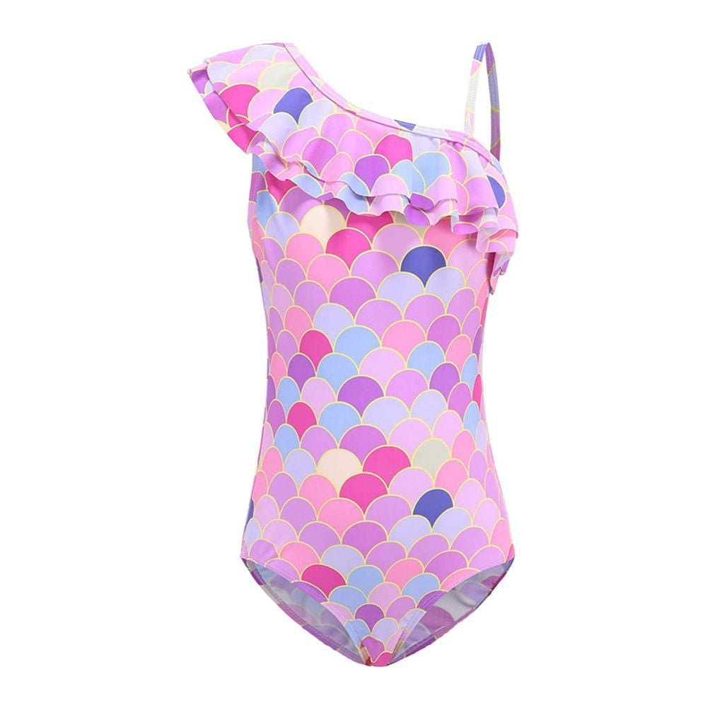 Kids Girls One Piece Swimsuits One Shoulder Ruffle Swimwear Floral ...